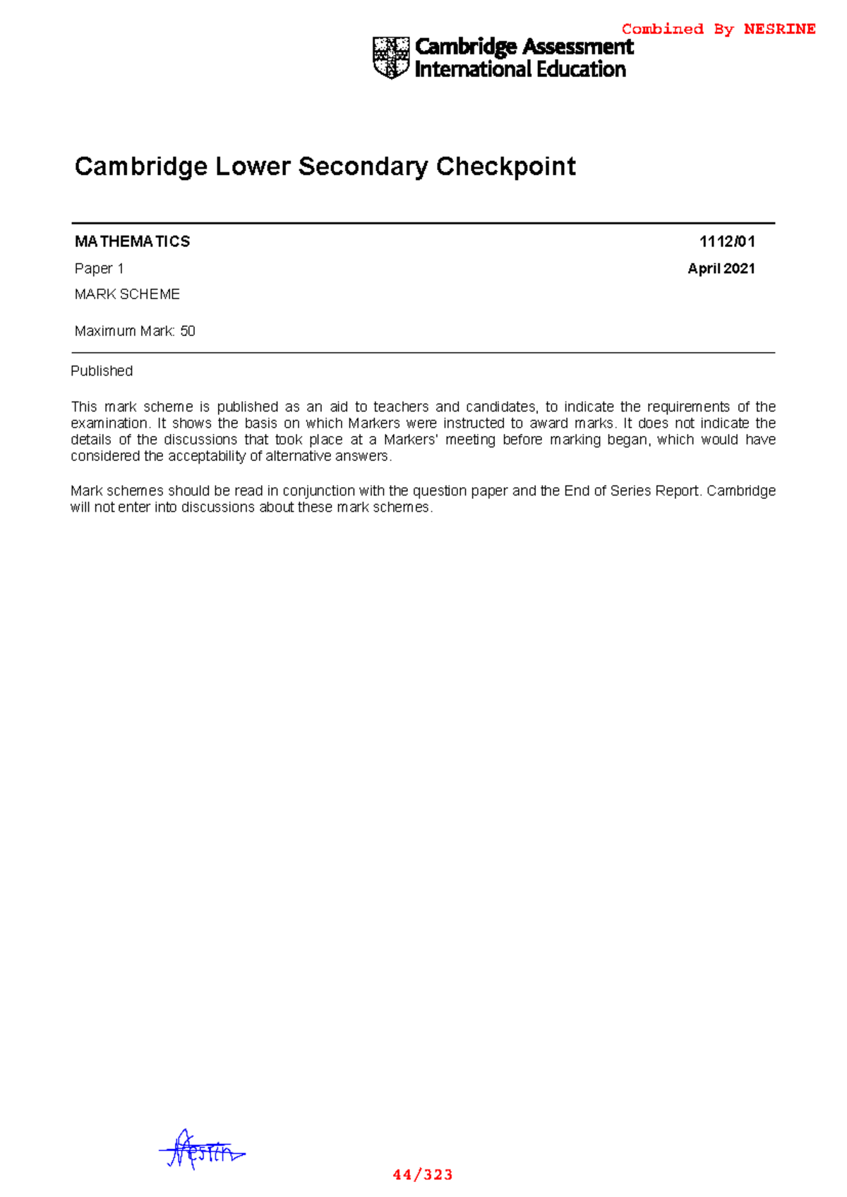 2021 Maths MS1 - Lower Secondary Checkpoint Mark Scheme Guide - Studocu