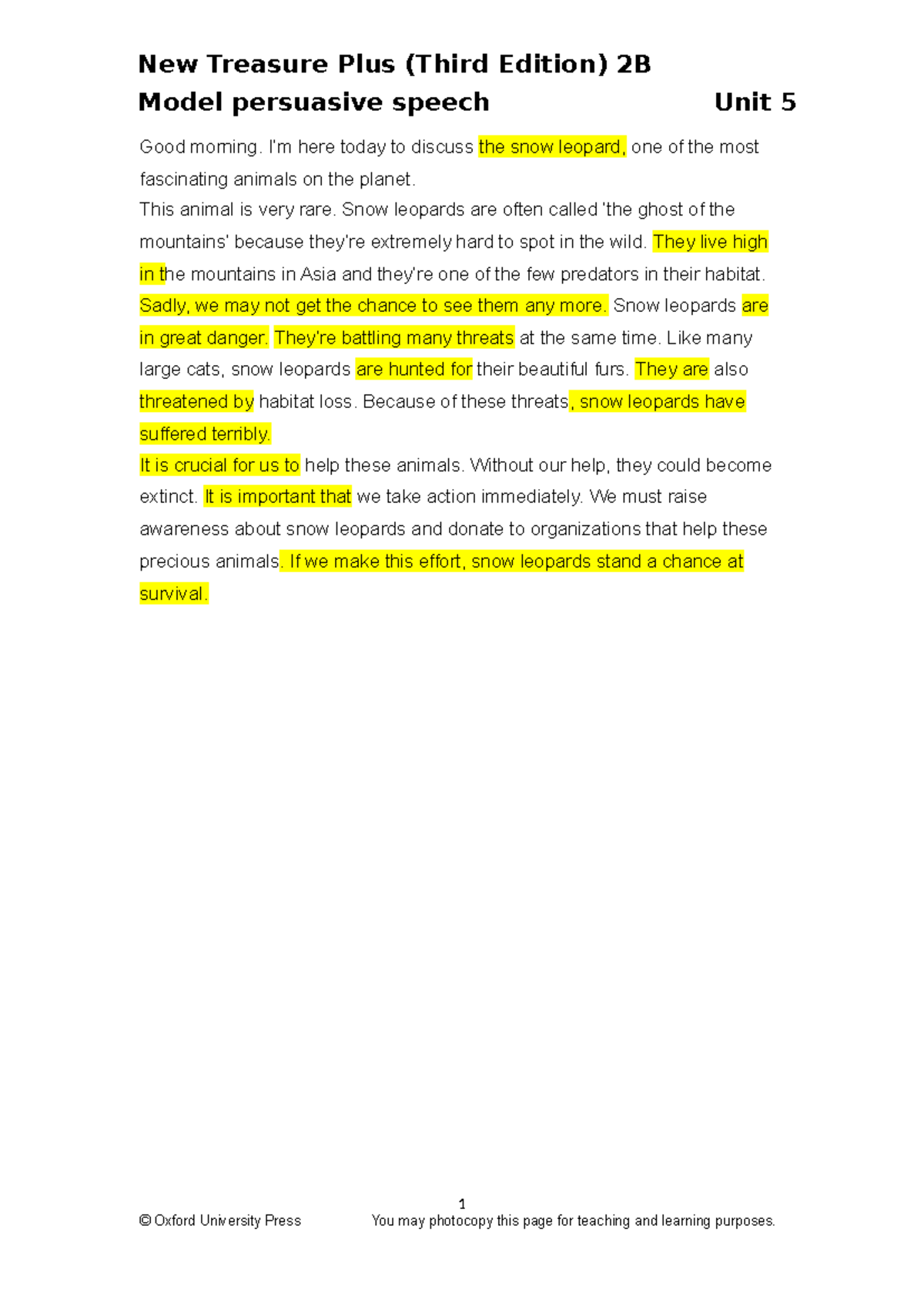 NTP3E 2B Unit 5 Model Persuasive Speech on Snow Leopards - Studocu