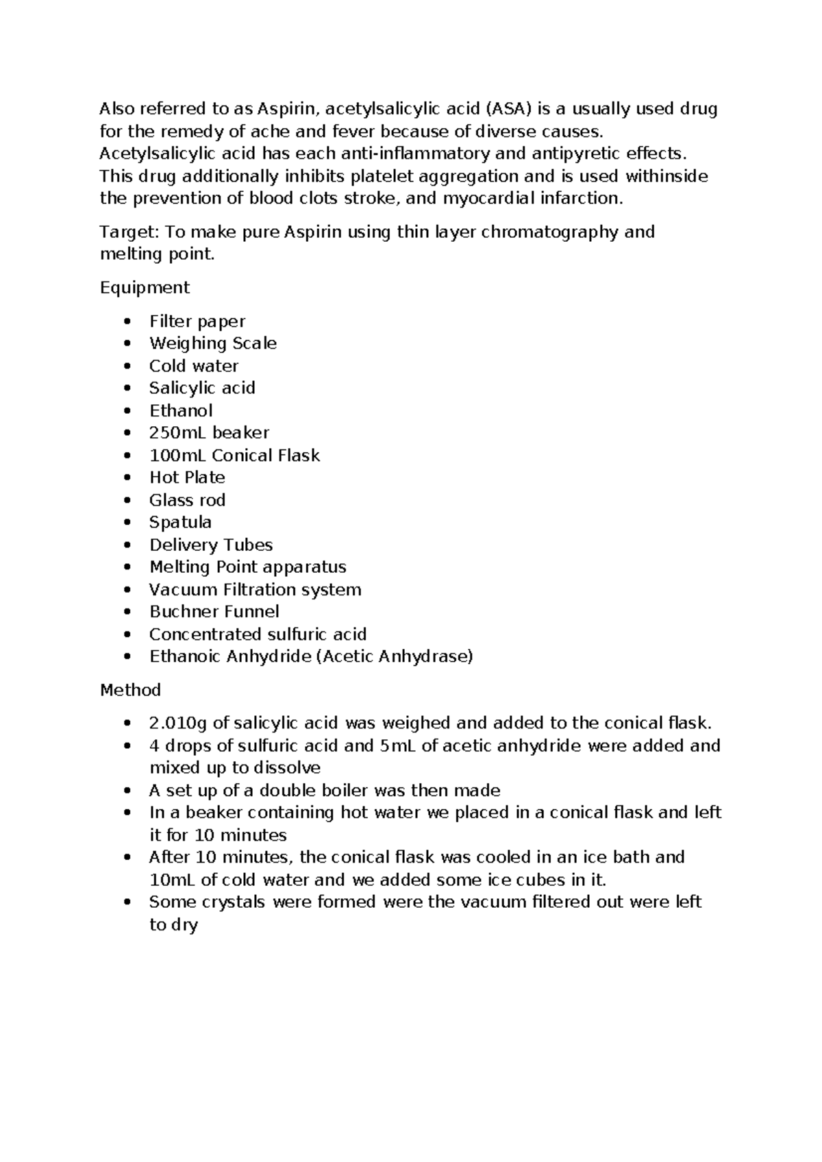 Aspirin Synthesis and Purity Analysis: ASA Lab Assignment - Studocu