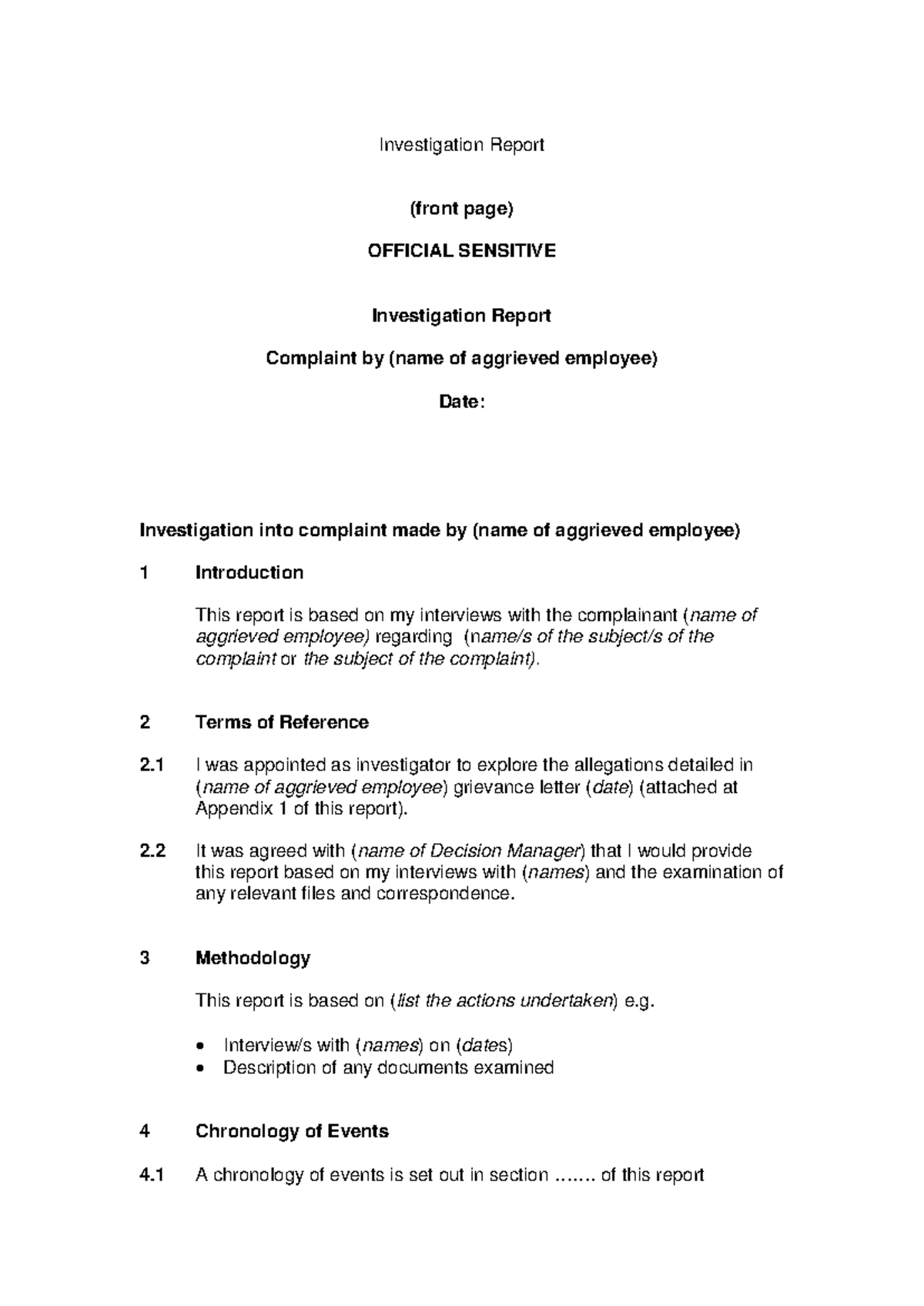 Investigation Report Template: Official Sensitive Document Overview ...