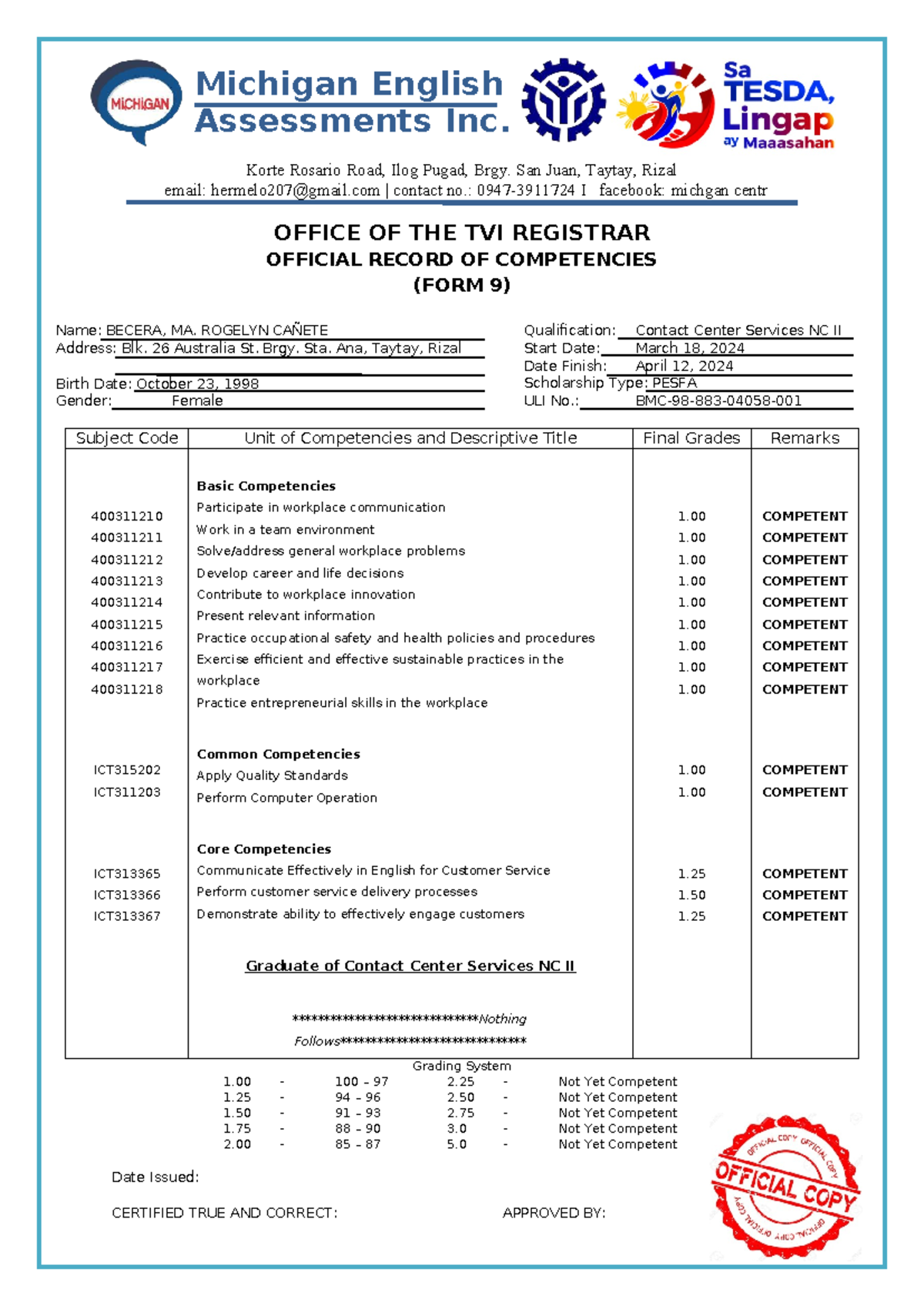 Official Form 9 - Competencies Record for Contact Center Services NC II ...