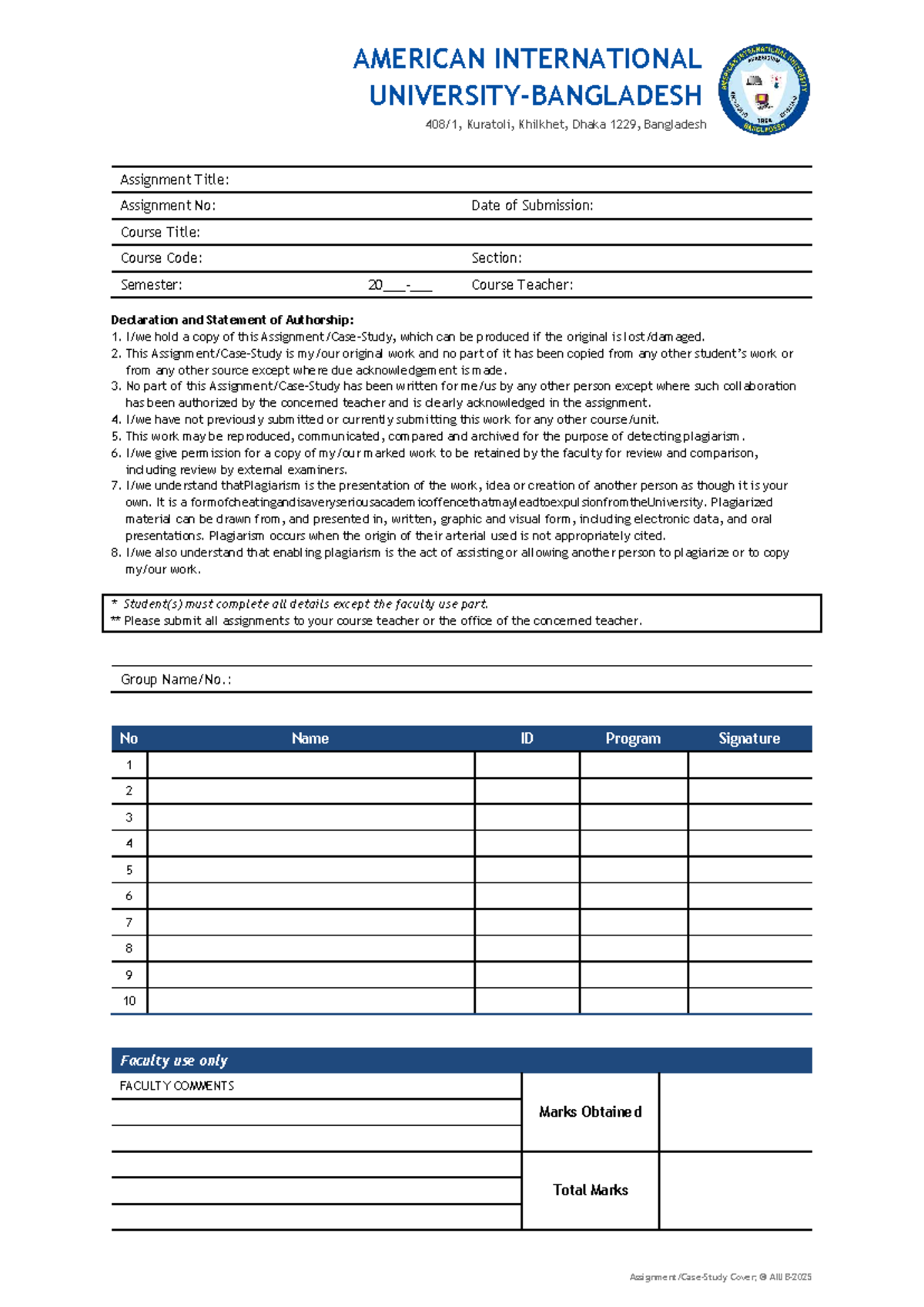 AMERICAN INTERNATIONAL Assignment Cover Page - 2025 - Studocu