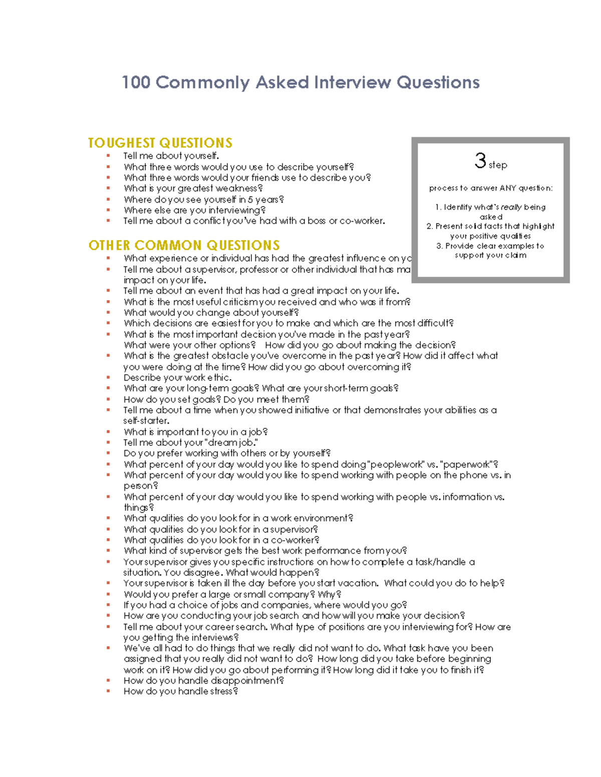 100 common interview questions - 100 Commonly Asked Interview Questions ...