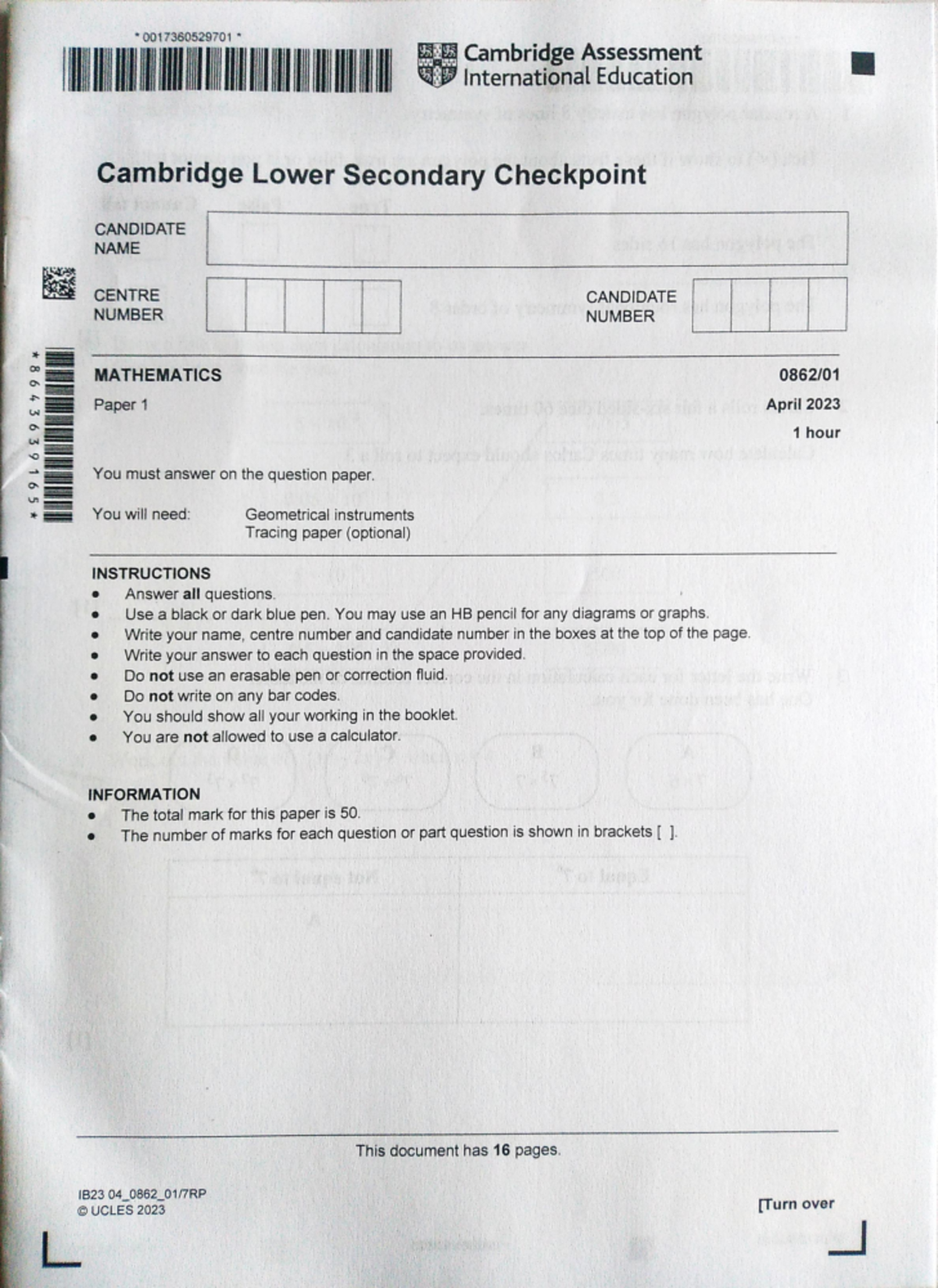 Mathematics Paper 1 - Cambridge Lower Secondary Checkpoint ...