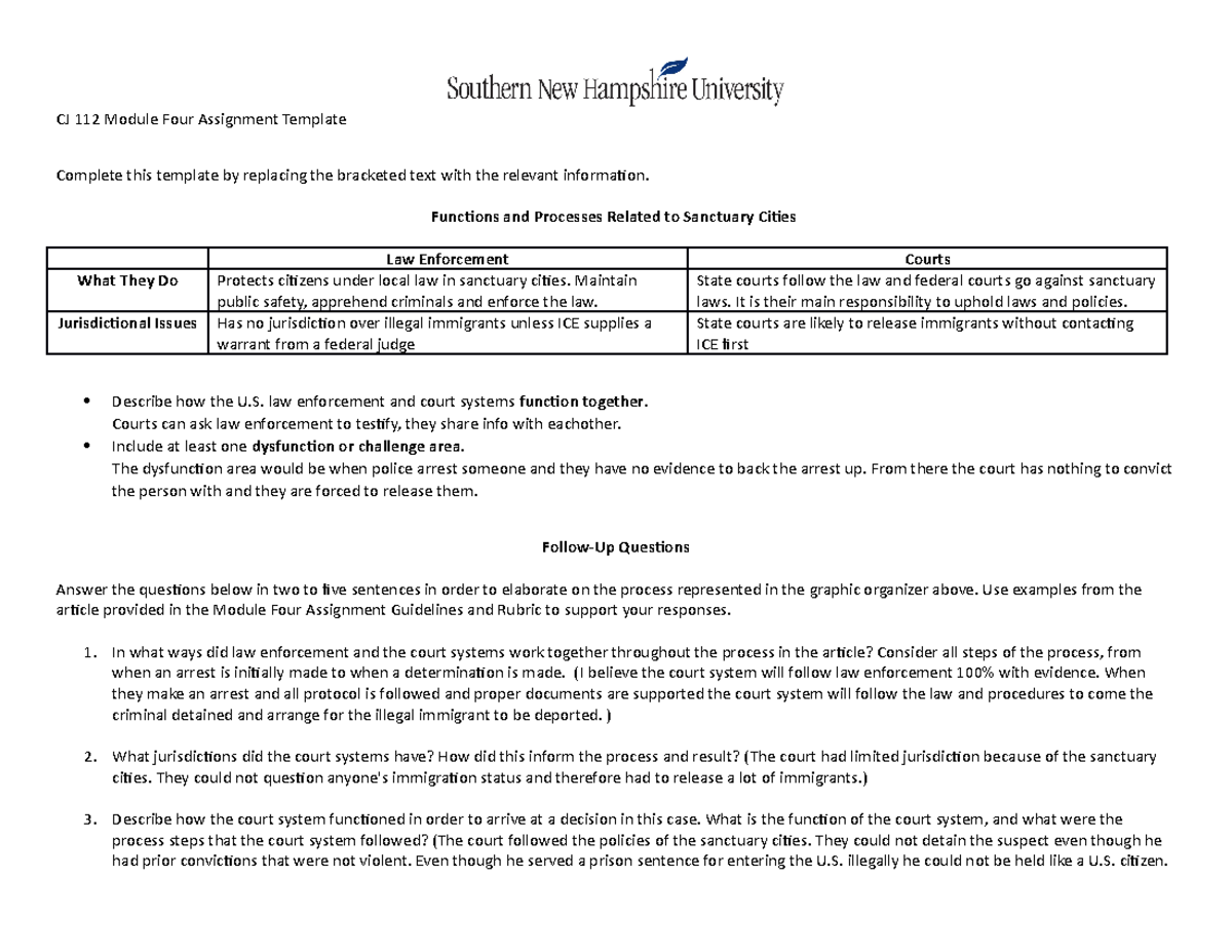 CJ 112 Module Four Assignment: Law Enforcement & Sanctuary Cities - Studocu