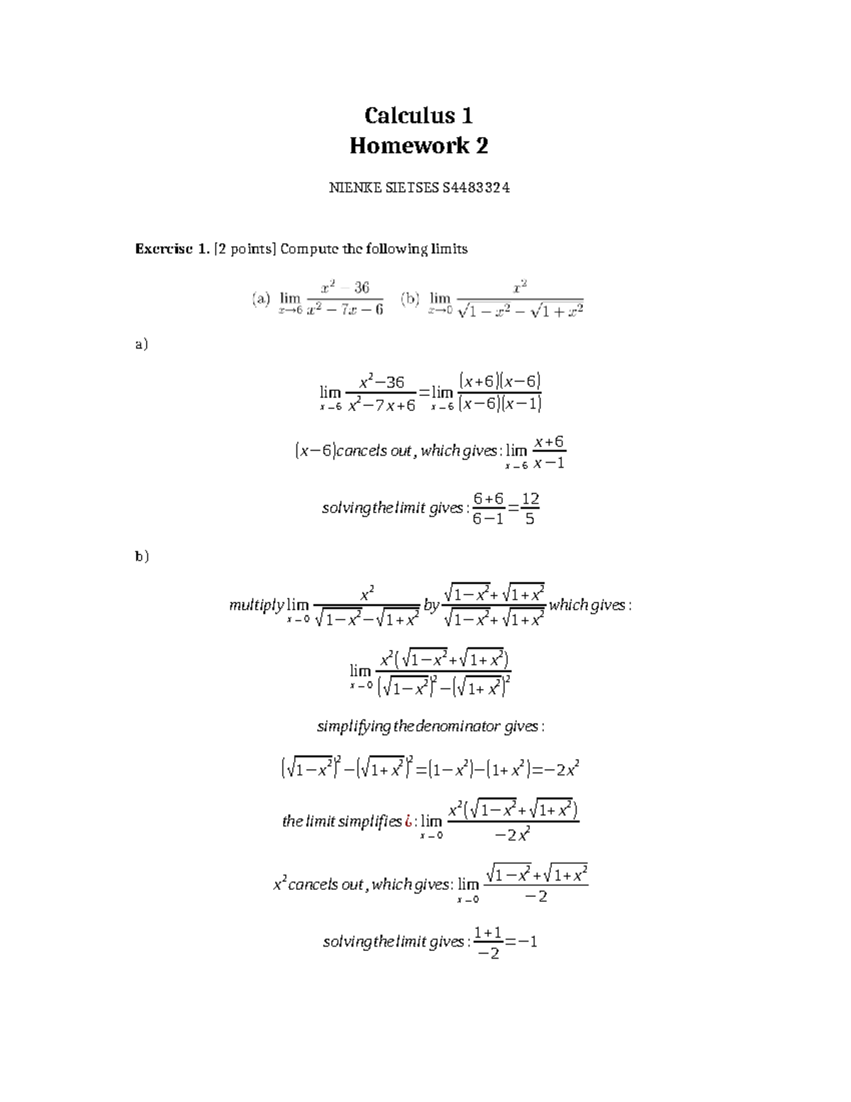 Calculus 1 Homework 2: Limit Computations and Root Finding - Studeersnel