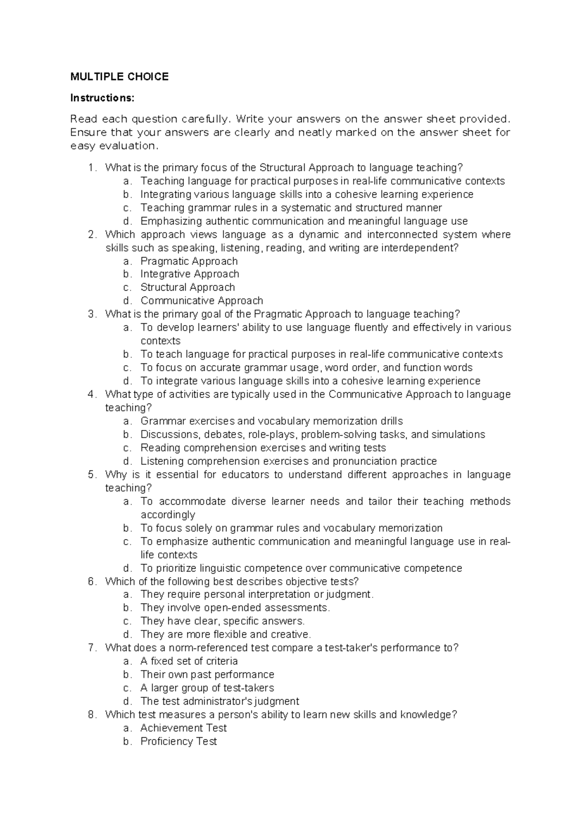 Multiple Choice Practice - Language Teaching Approaches and Testing ...