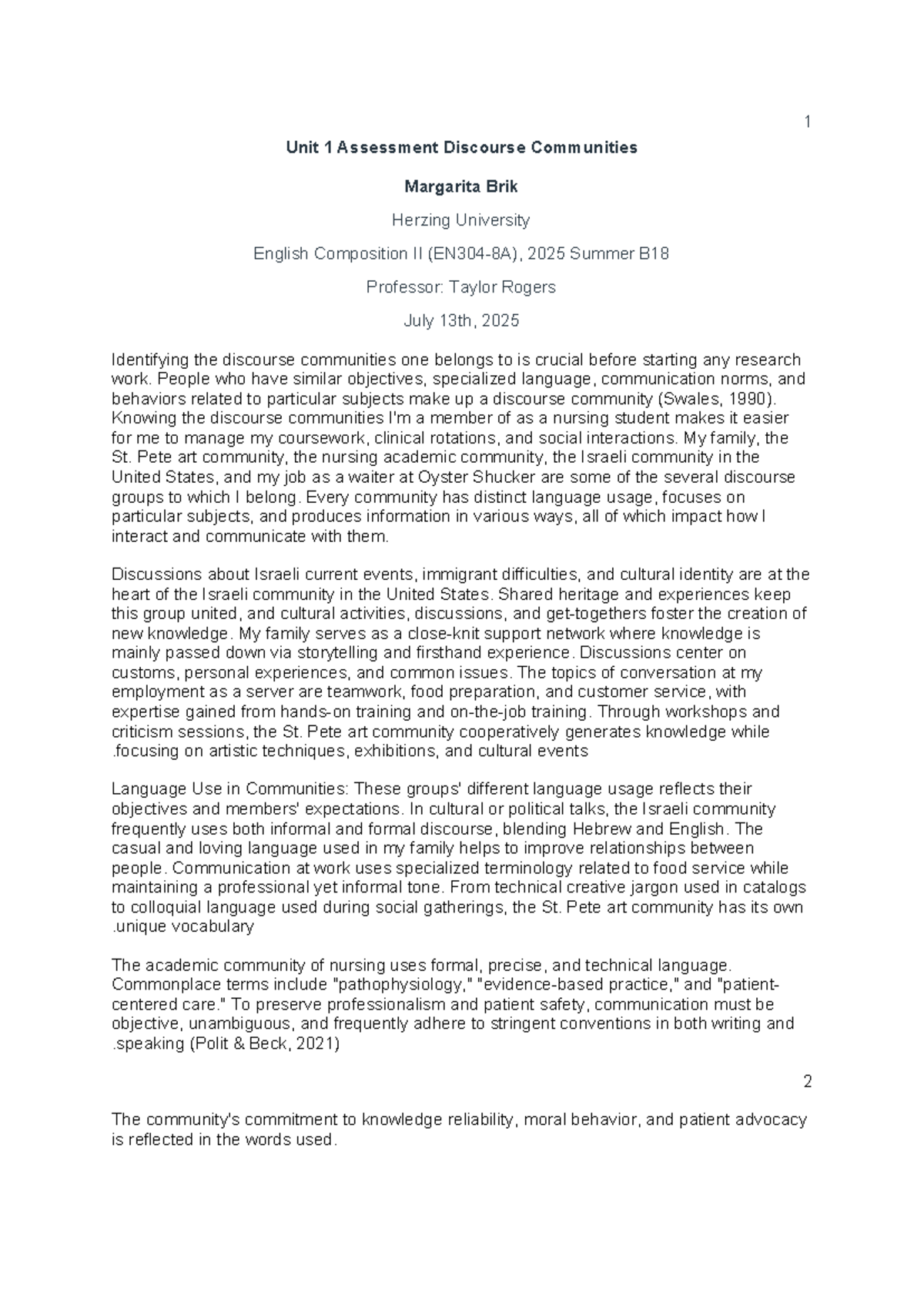 Unit 1 Assessment: Exploring Discourse Communities in Nursing - Studocu