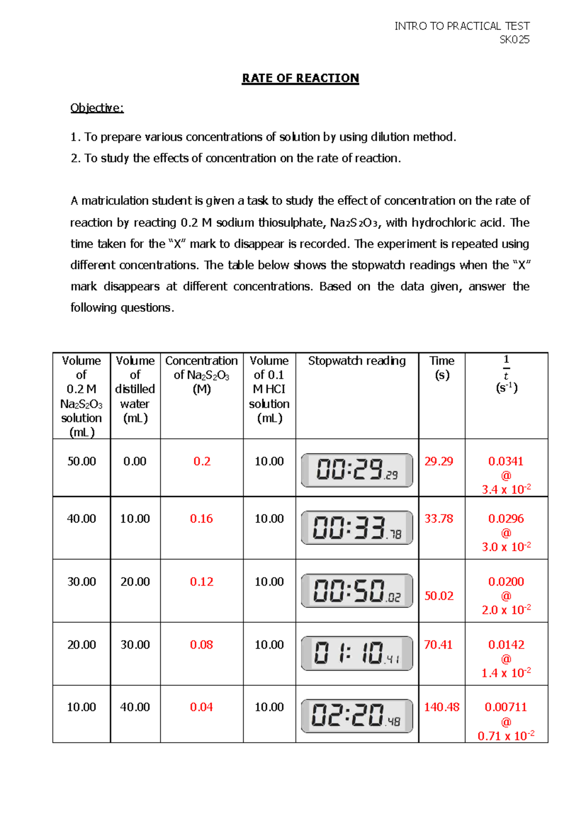 Practical Test SK025: Rate of Reaction & Concentration Effects - Studocu