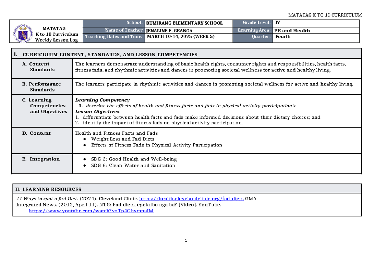 DLL Matatag PE & Health 4 Q4 Week 5 Lesson Plan Overview - Studocu