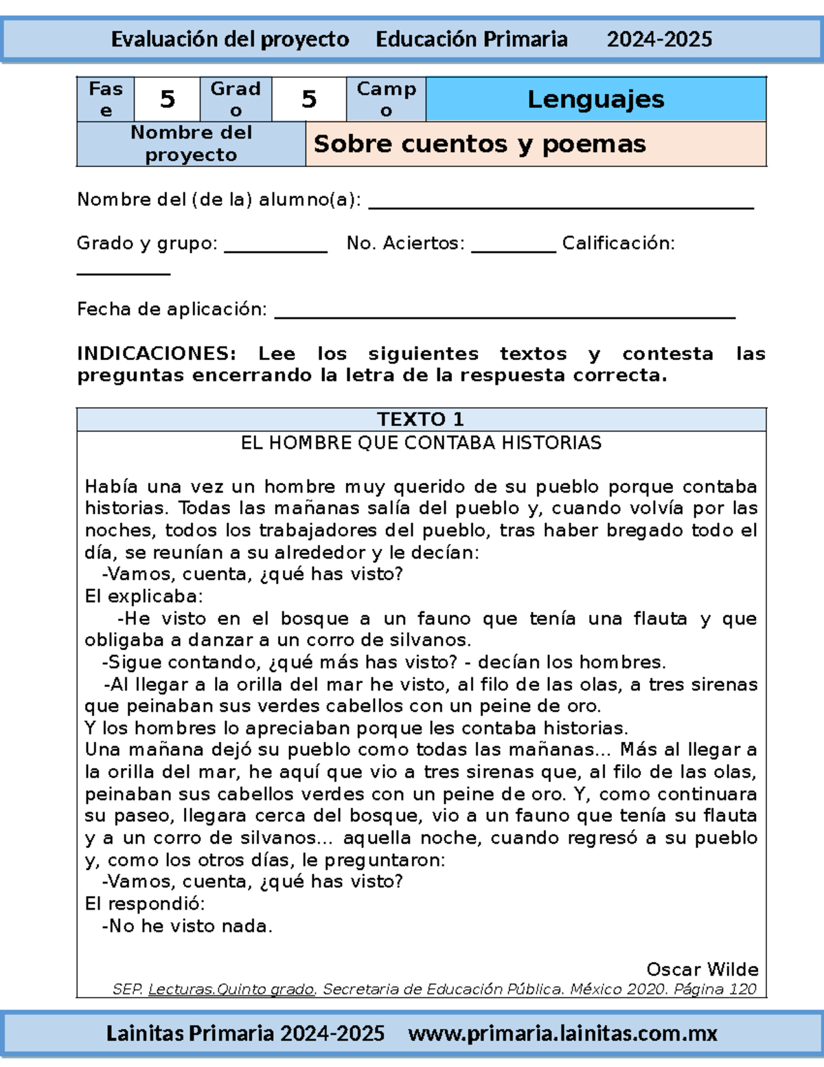 5to Grado - Examen 04 sobre Cuentos y Poemas (2024-2025) - Studocu