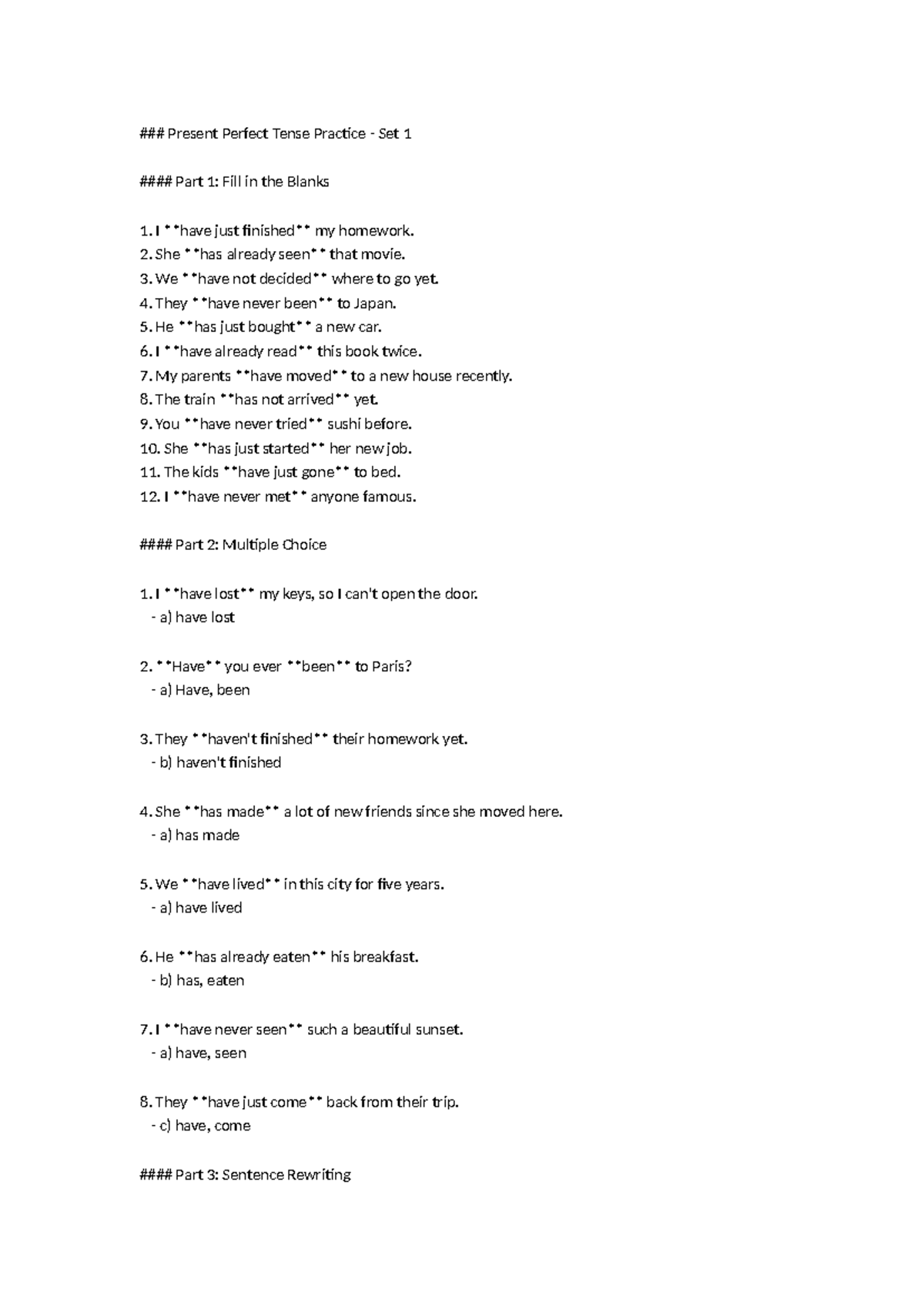Present Perfect Tense Practice - Set 1 & Set 3 Overview - Studocu