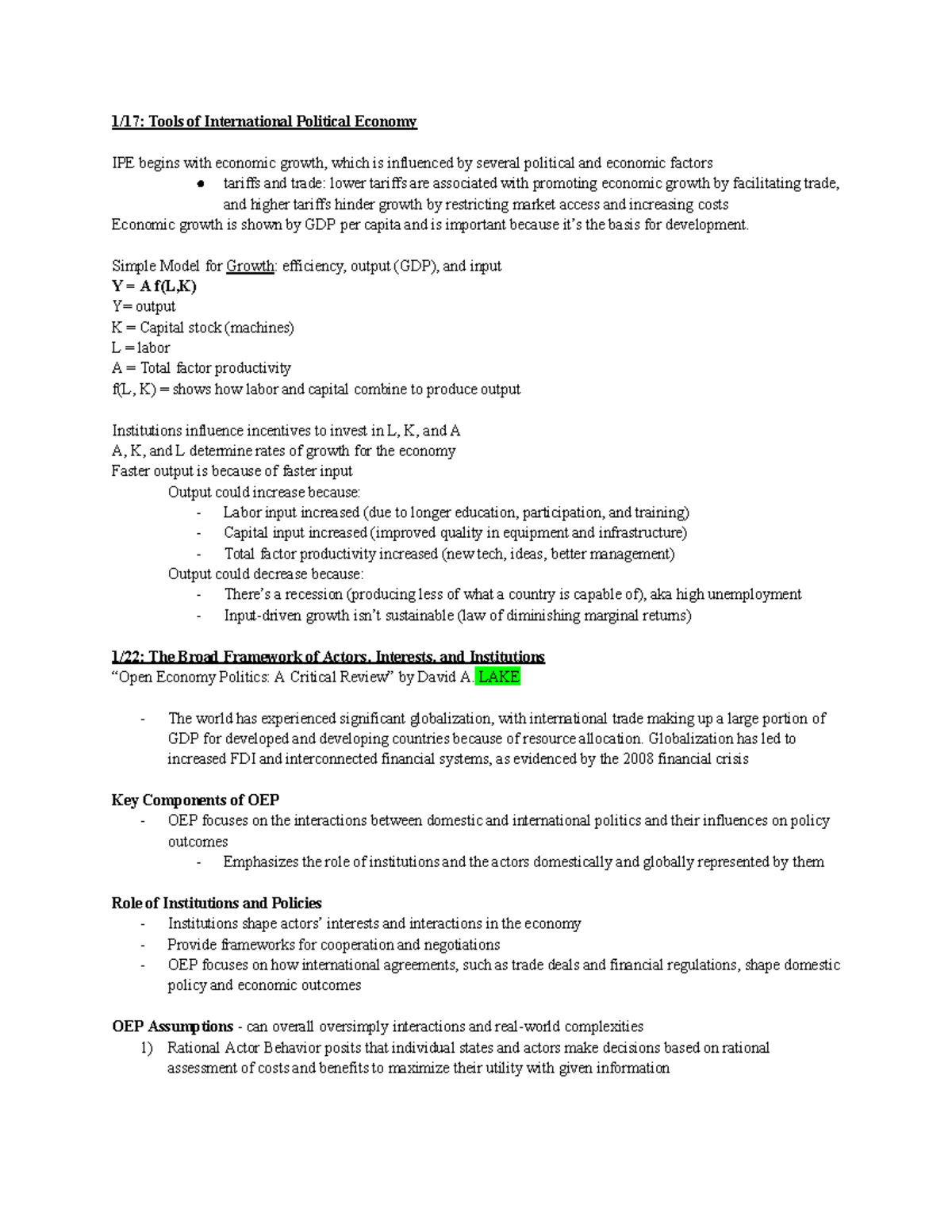 BGA 101 Notes - 1/17: Tools of International Political Economy IPE ...