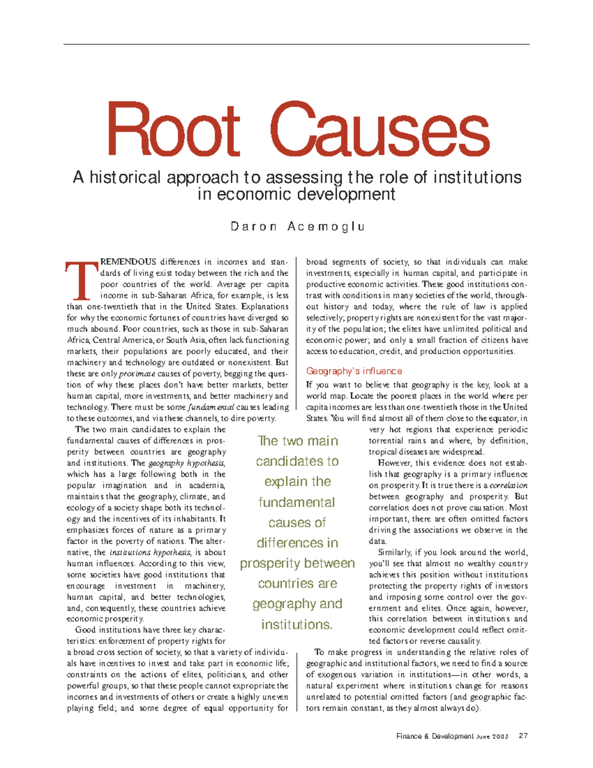 Root Causes of Economic Disparities: Institutions vs. Geography (ECO ...