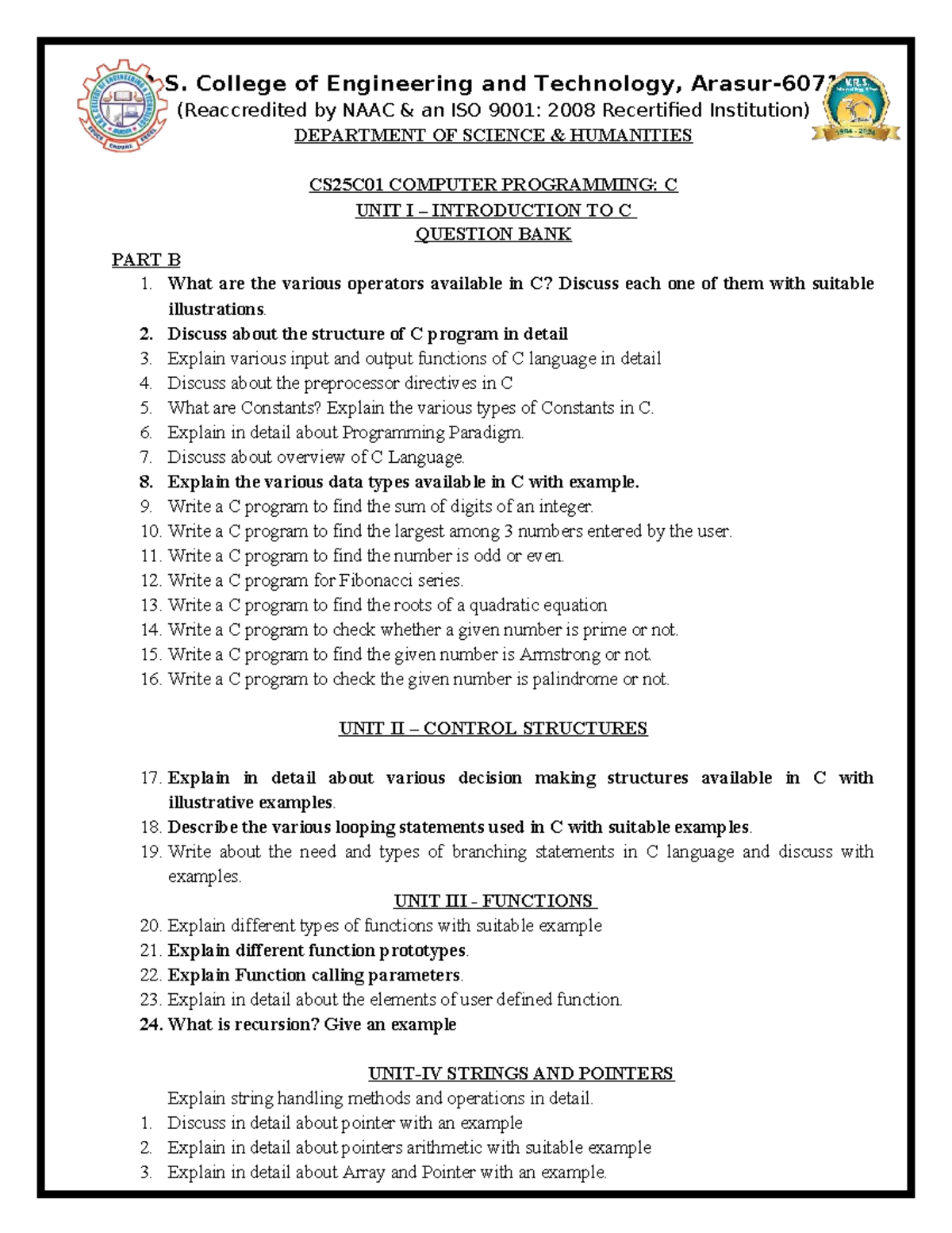 CS25C01 Computer Programming: C Unit I & II Question Bank - Studocu