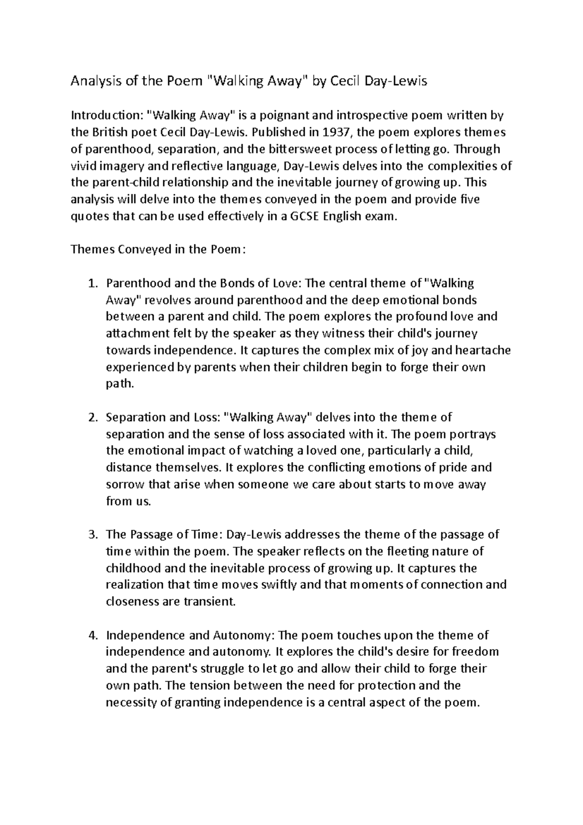 GCSE English Analysis: Poem "Walking Away" by Cecil Day-Lewis - Studocu