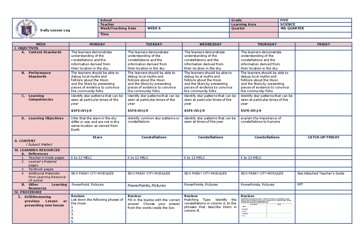 DLL WEEK 6-Q4 Science 5 - None - Daily Lesson Log School Grade FIVE ...