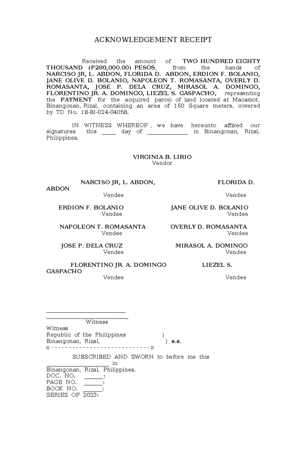 Acknowledgement Receipt for Land Payment - Abdon Transaction - Studocu