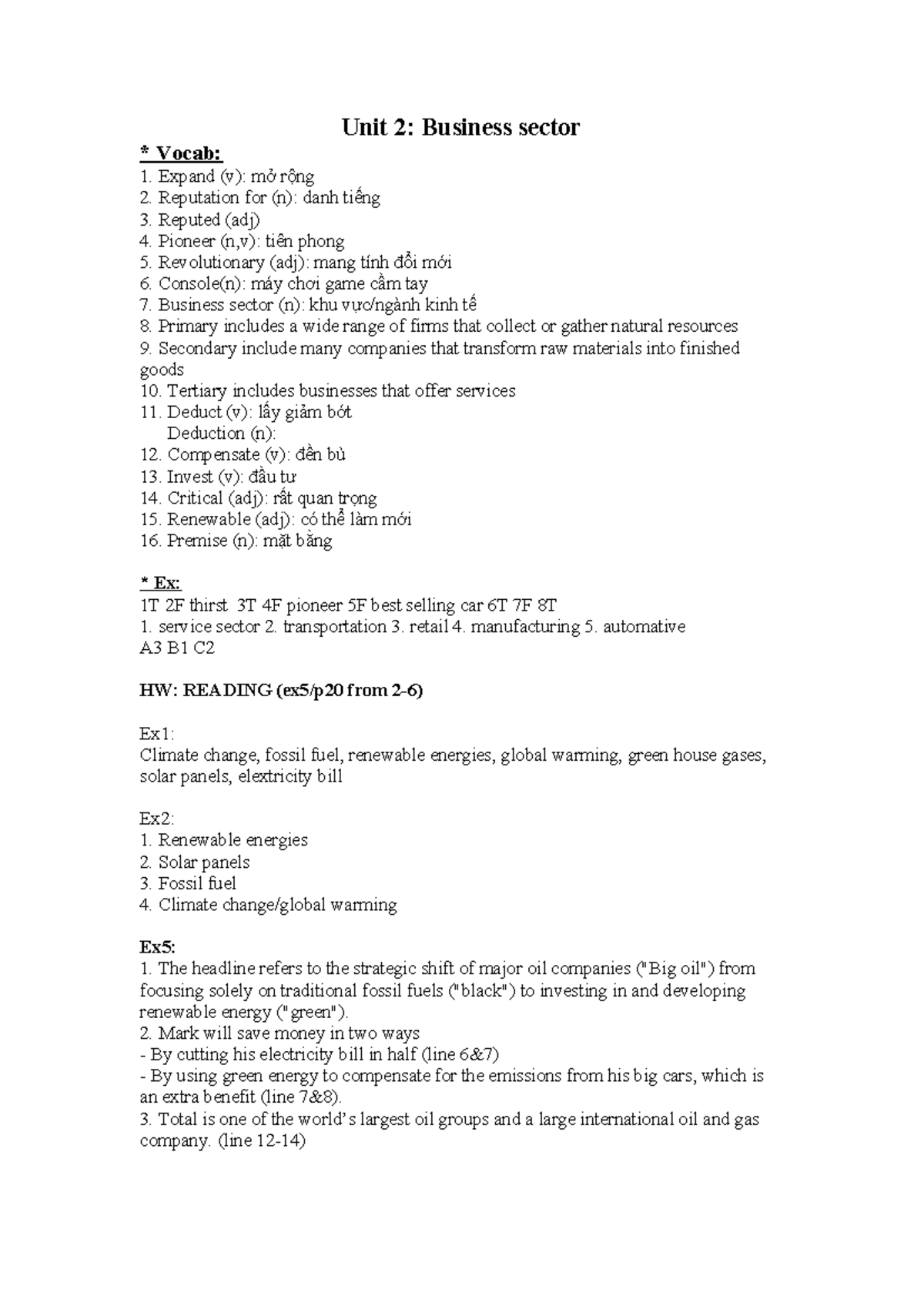 Vocab: Unit 2 - Business Sector Terms and Concepts - Studocu