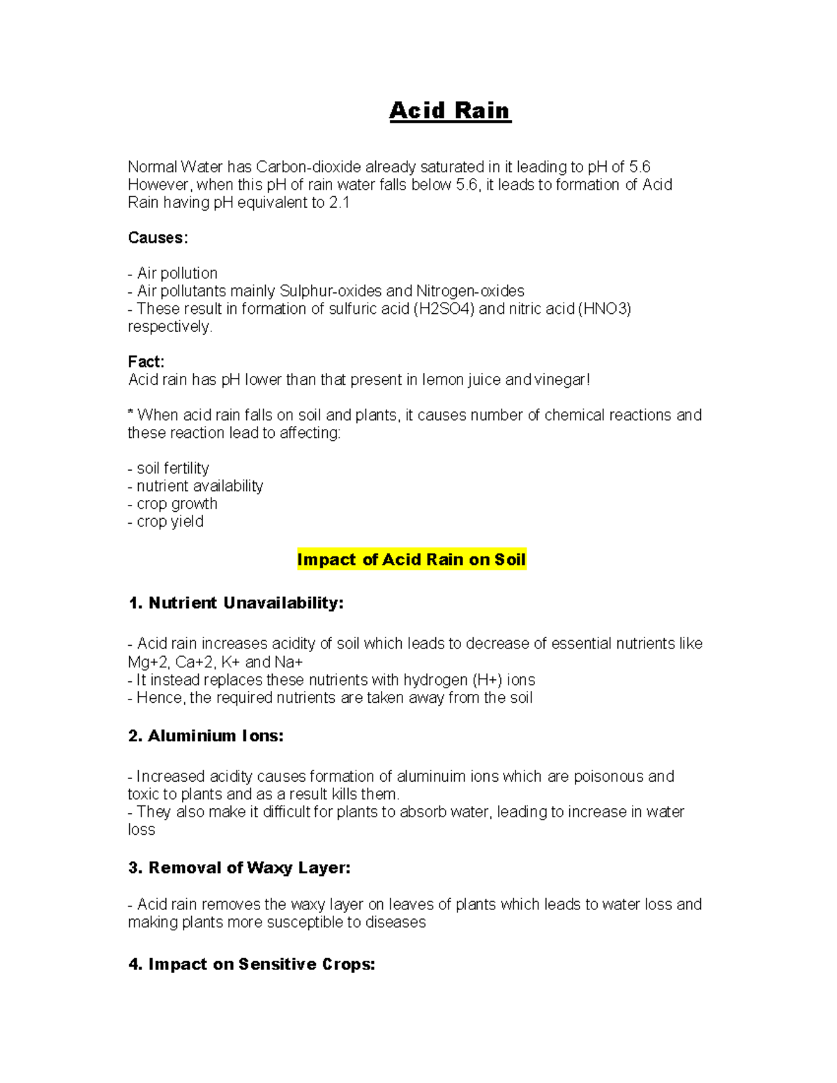 Acid Rain Impact on Agriculture: Summary Notes for ENV 101 - Studocu