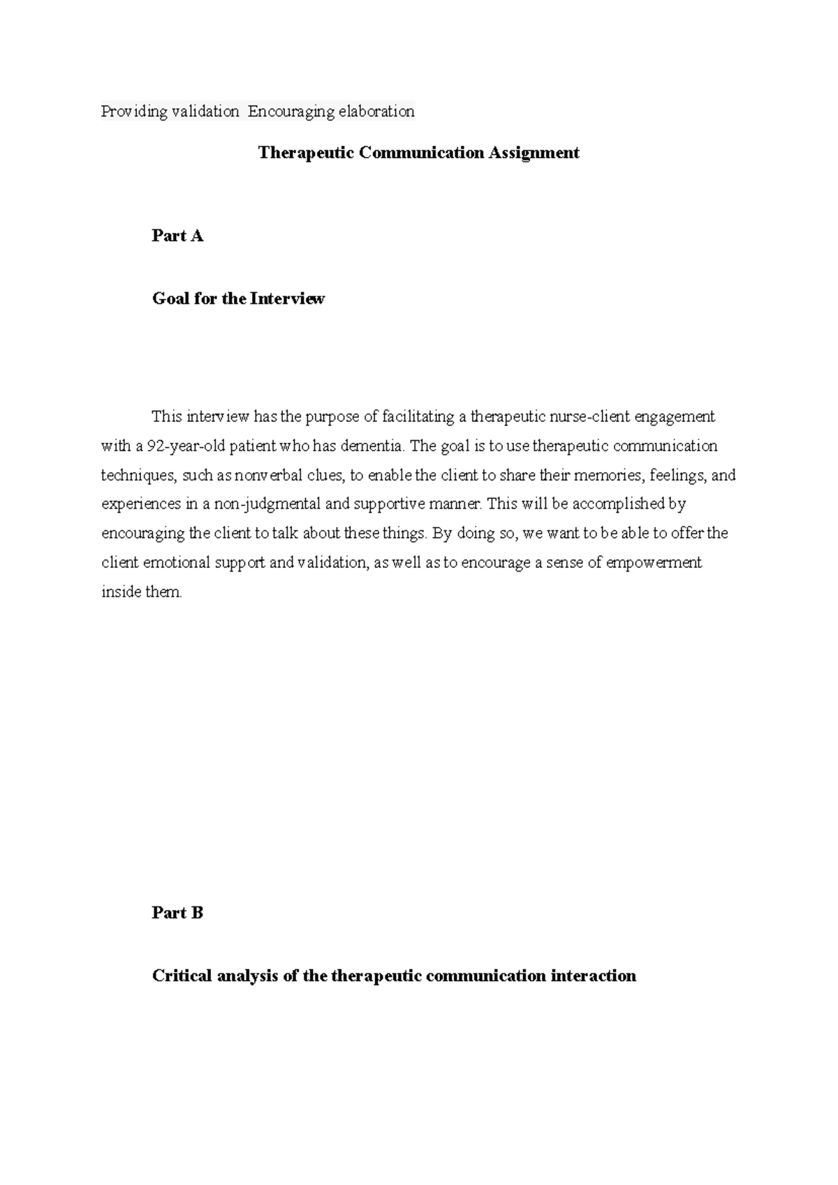 Therapeutic Communication Assignment 2: Engaging Dementia Patients ...