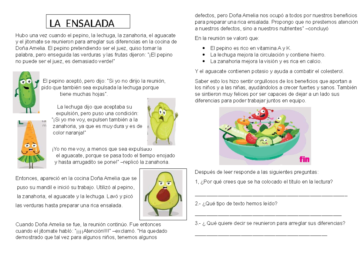 Ficha - LA ENSALADA: Un Cuento sobre la Unión de Verduras - Studocu