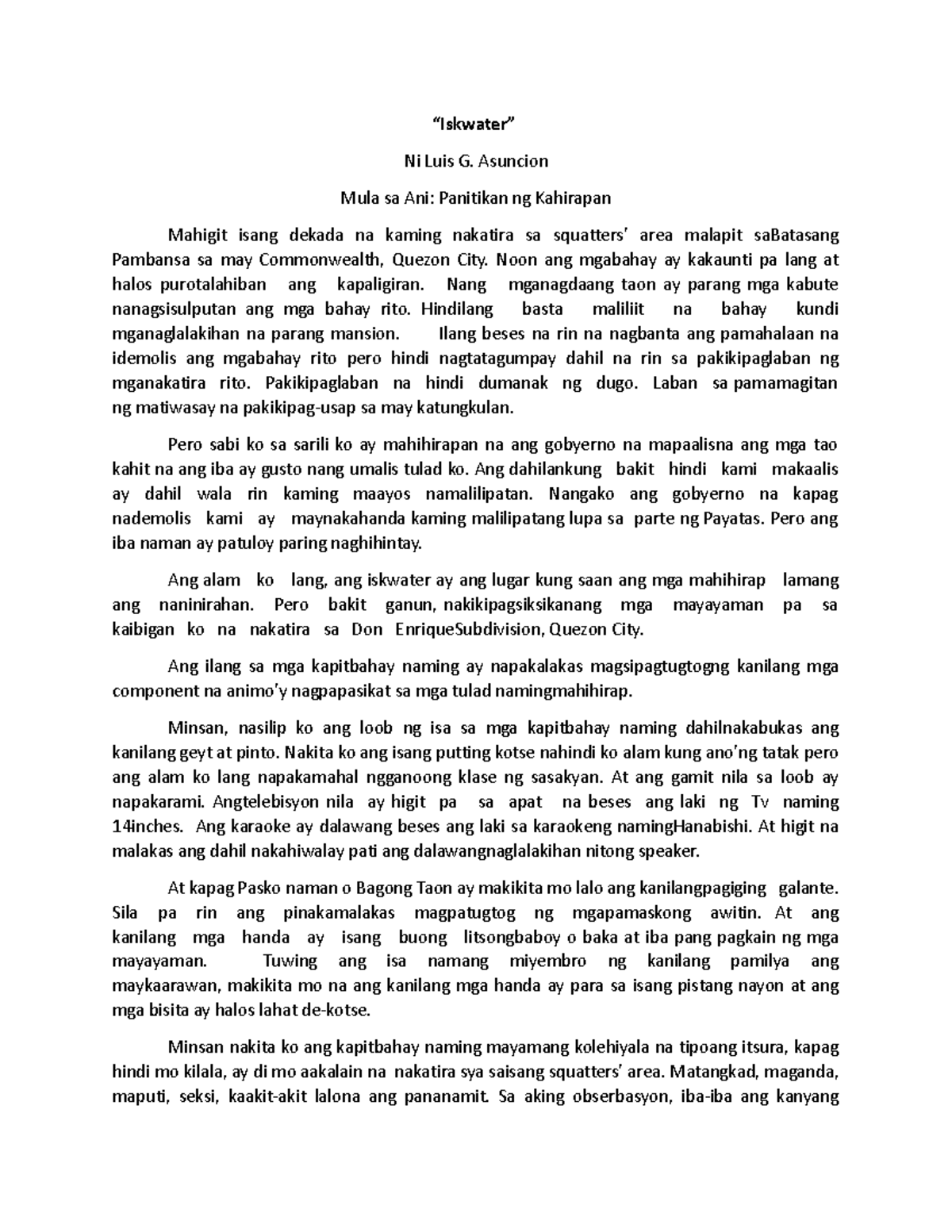 Iskwater: Isang Pagsusuri sa Kahirapan ni Luis G. Asuncion - Studocu
