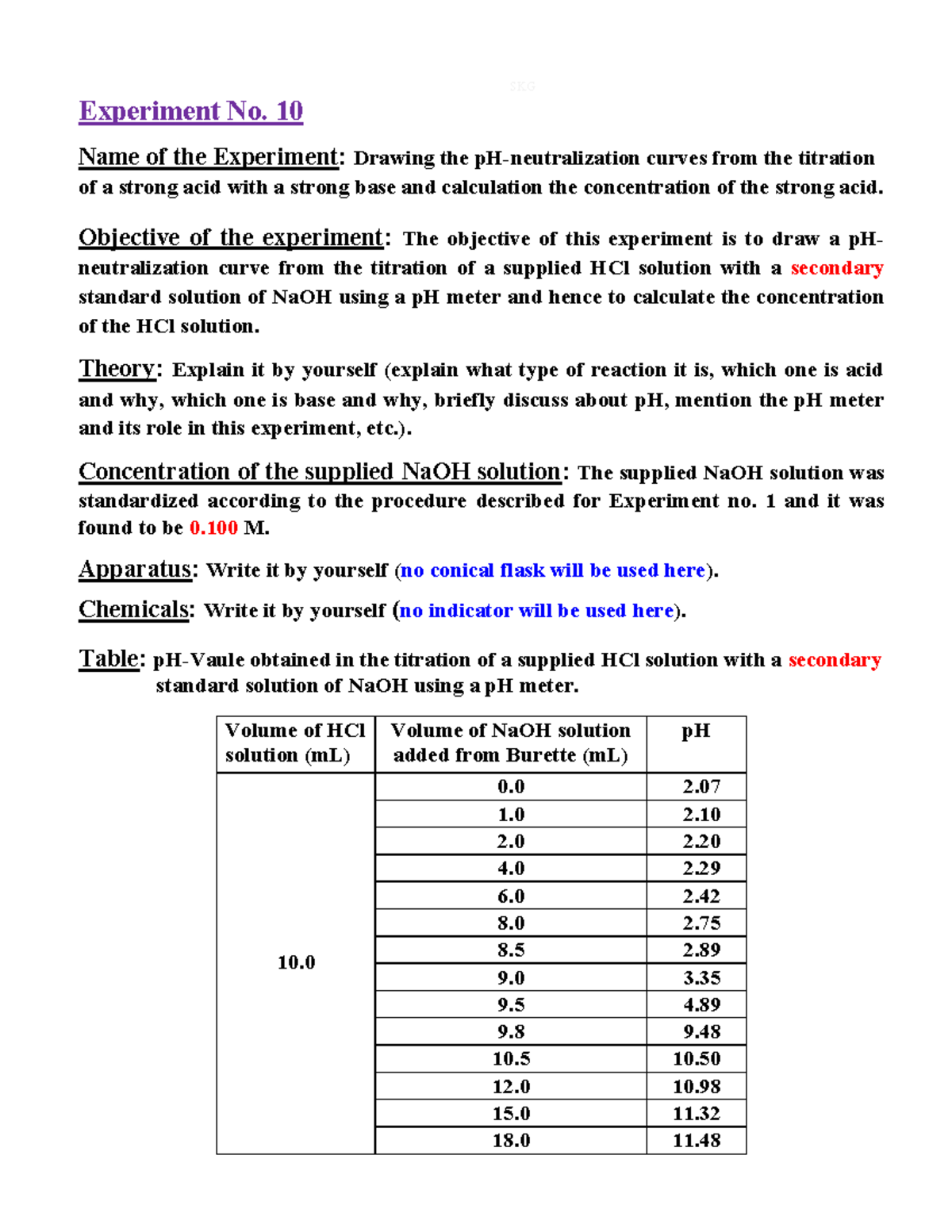 SKG Experiment No. 10: HCl Titration with NaOH and pH Curve Analysis ...