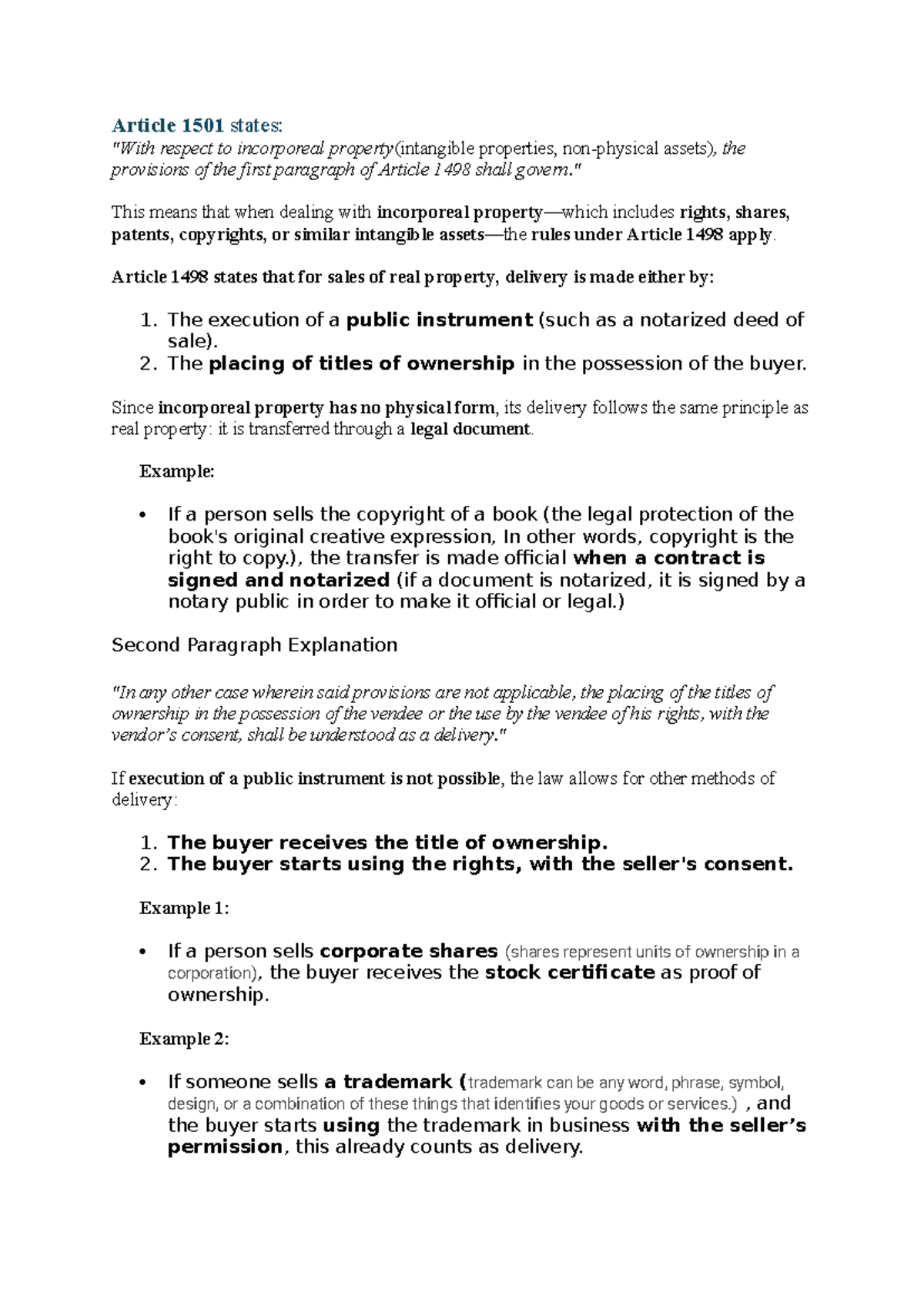 1501-1515: Notes on Incorporeal Property and Negotiable Documents - Studocu