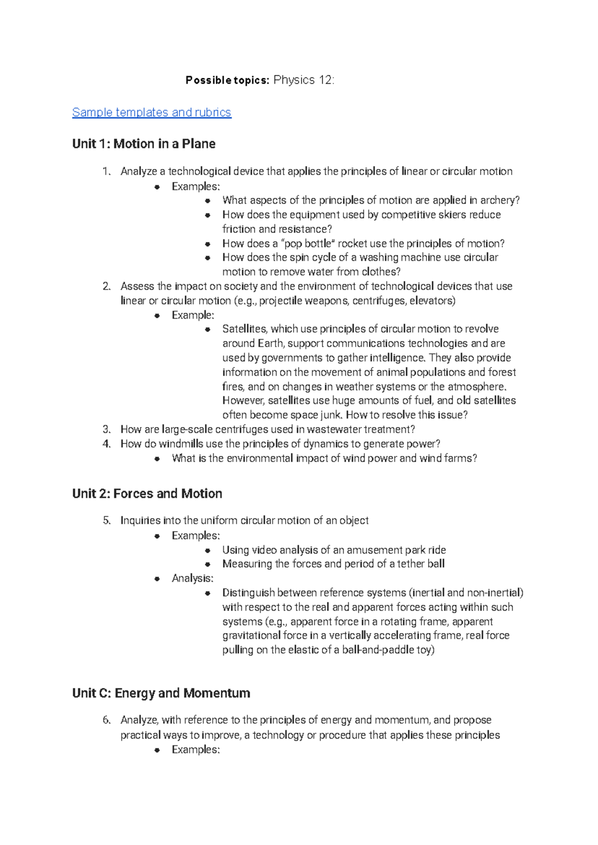 Physics 12: Possible Topics for Unit 1-6 Projects and Presentations ...