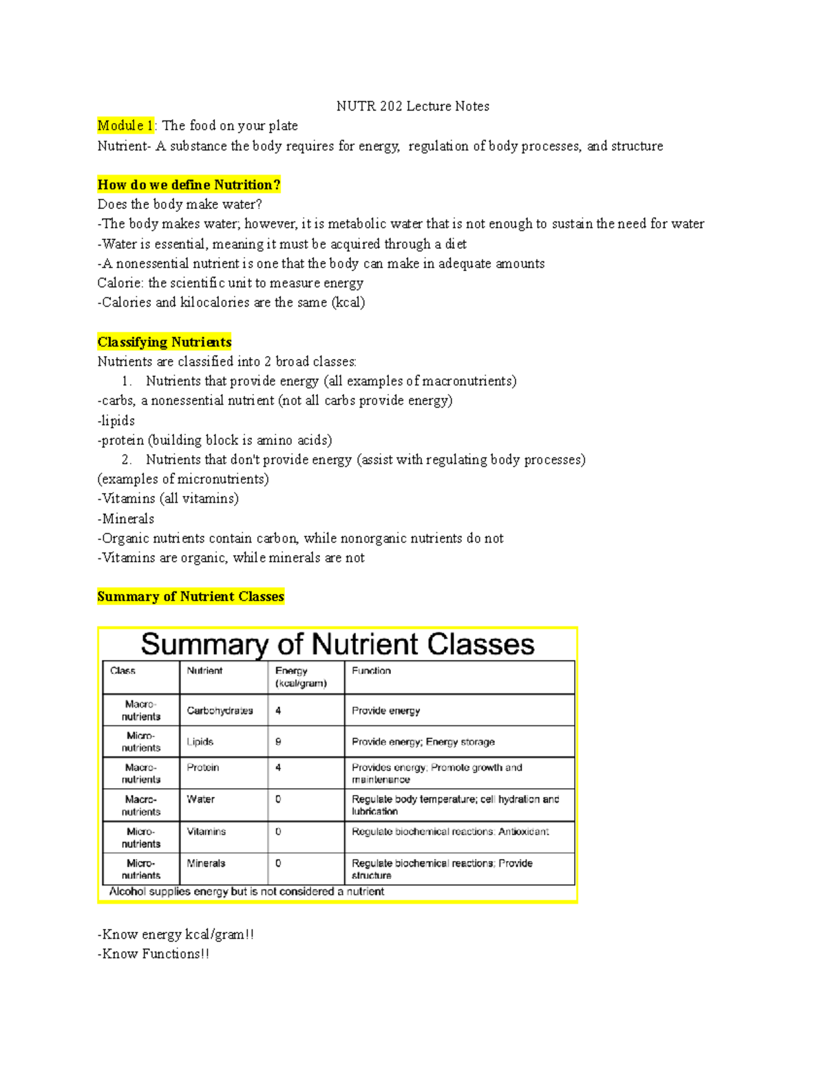 NUTR 202 Lecture Notes: Understanding Nutrition & Nutrient Classes ...