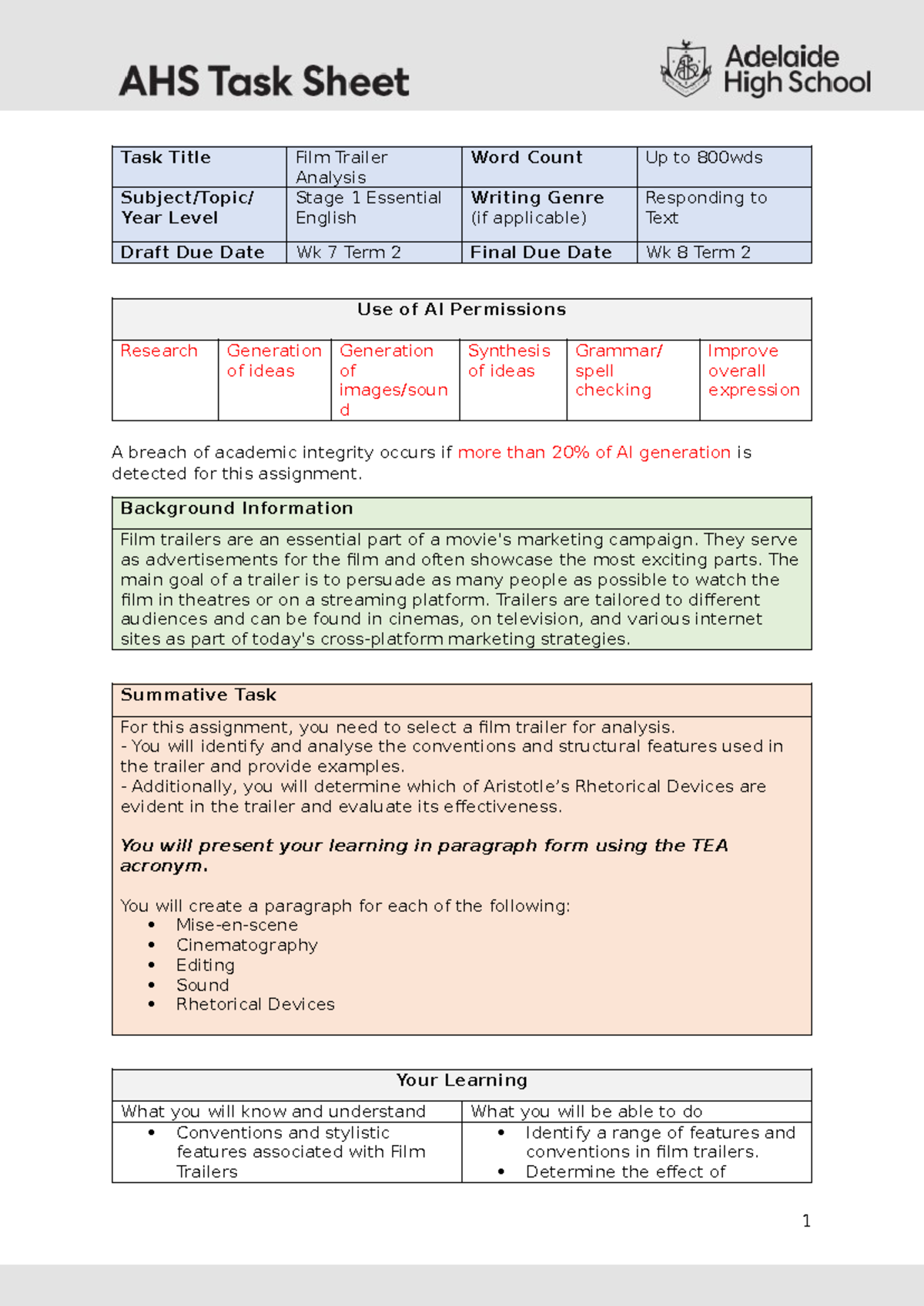 RT2 Film Trailer Analysis Task Sheet and Guidelines for Stage 1 English ...
