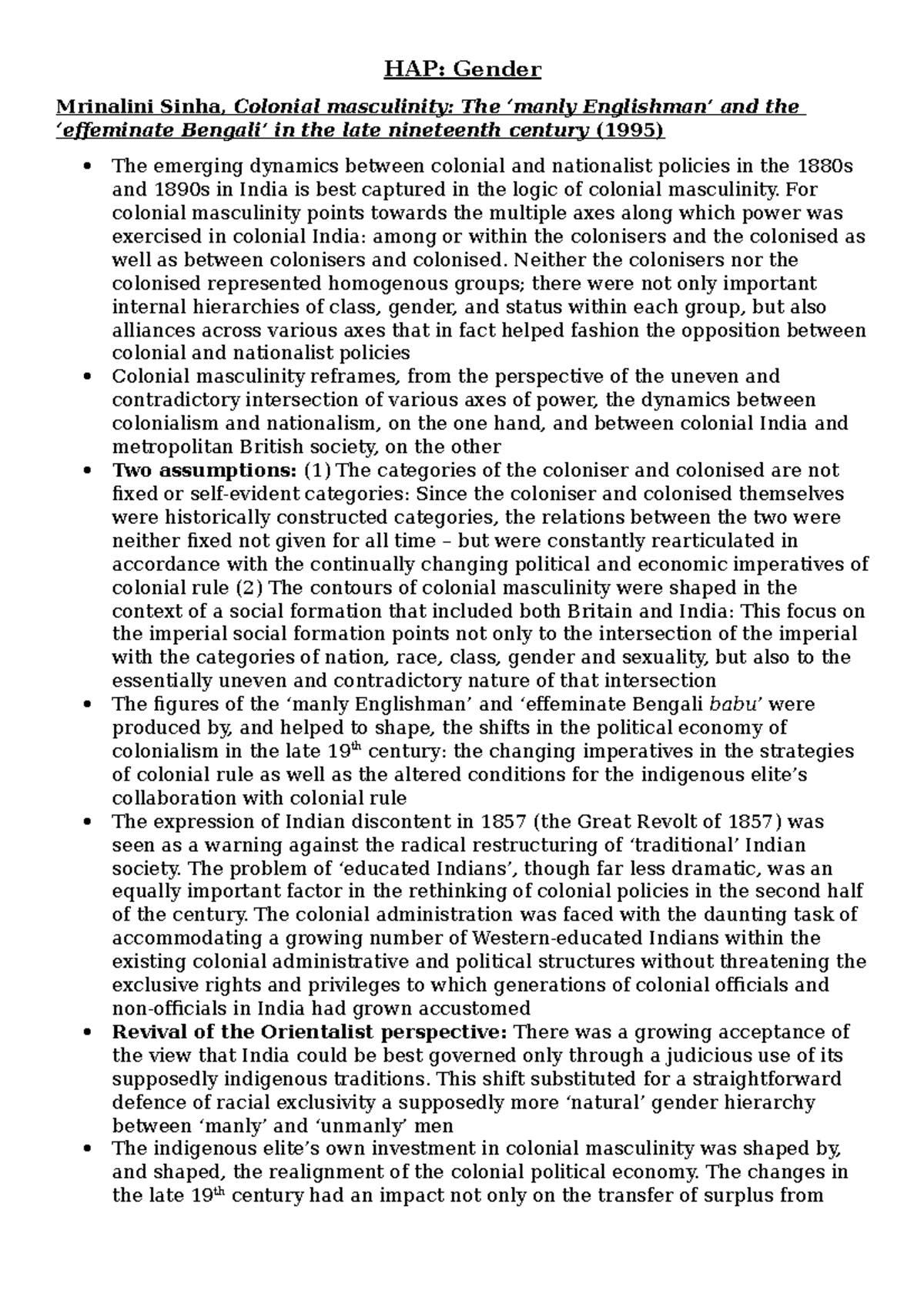 Gender reading notes - HAP: Gender Mrinalini Sinha, Colonial ...