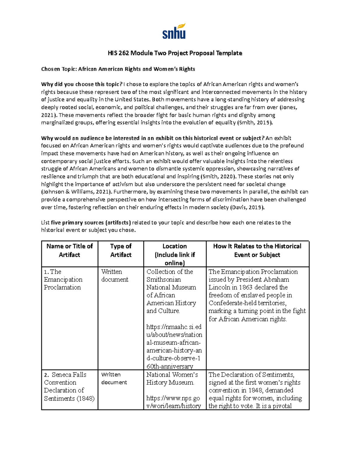 HIS 262 Module Two Project: African American & Women's Rights Proposal ...
