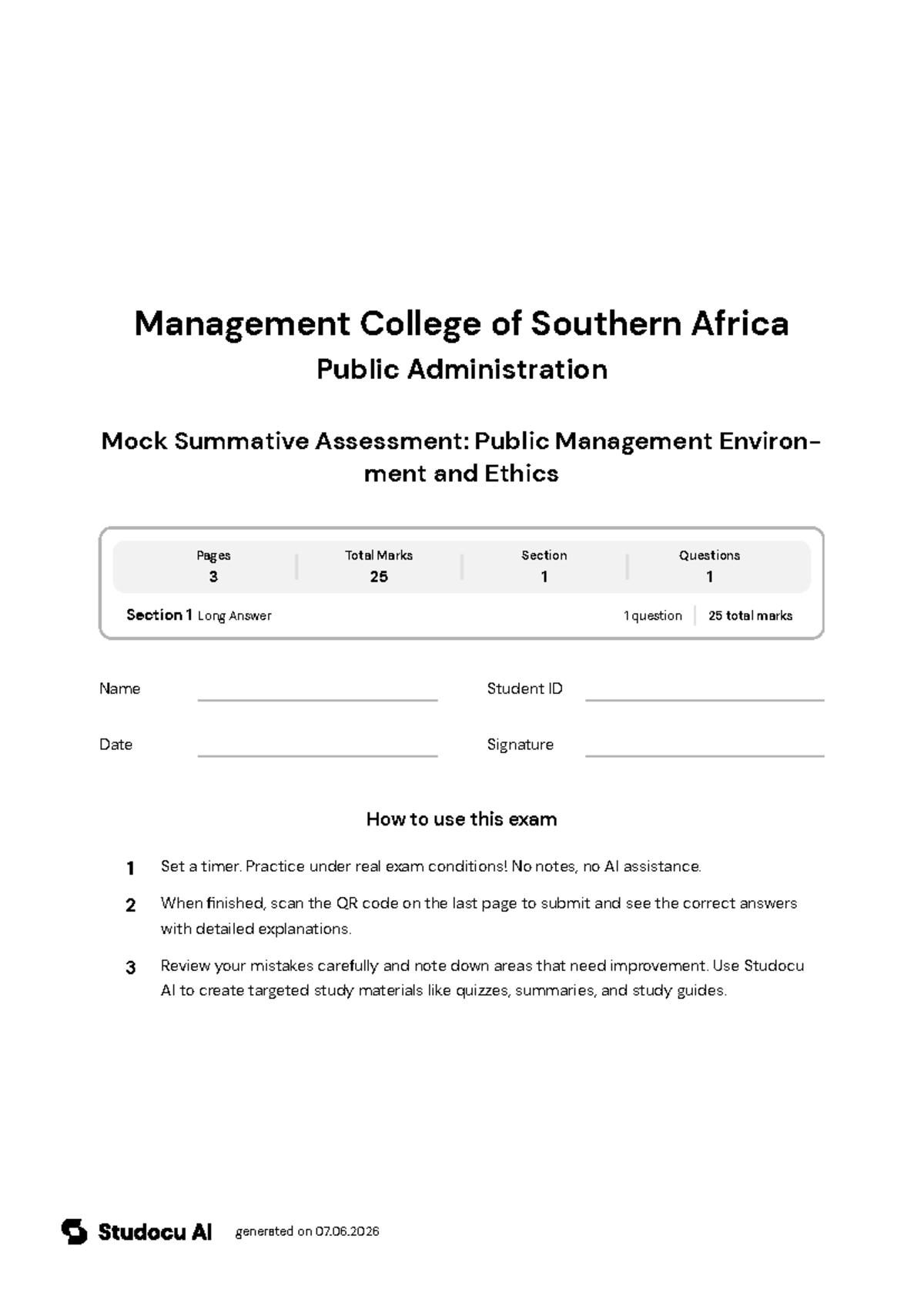 Mock Summative Assessment: Public Management Ethics - Studocu