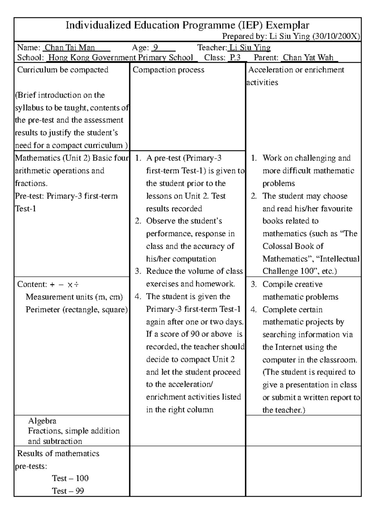 IEP Exemplar for P.3 Student: Individual Education Plan Notes - Studocu