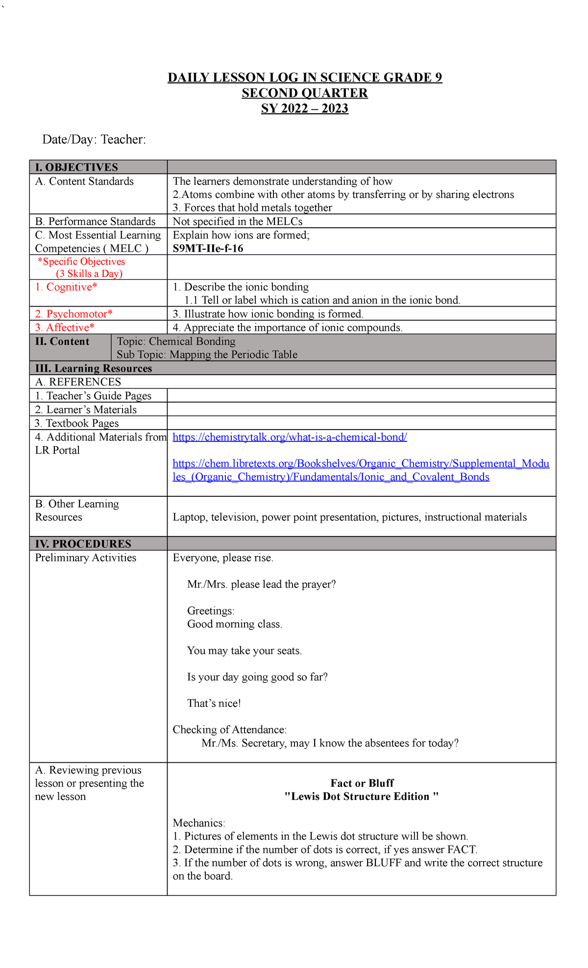 Ionic Compounds Daily Lesson Plan for Grade 9 Science (SY 2022-2023 ...