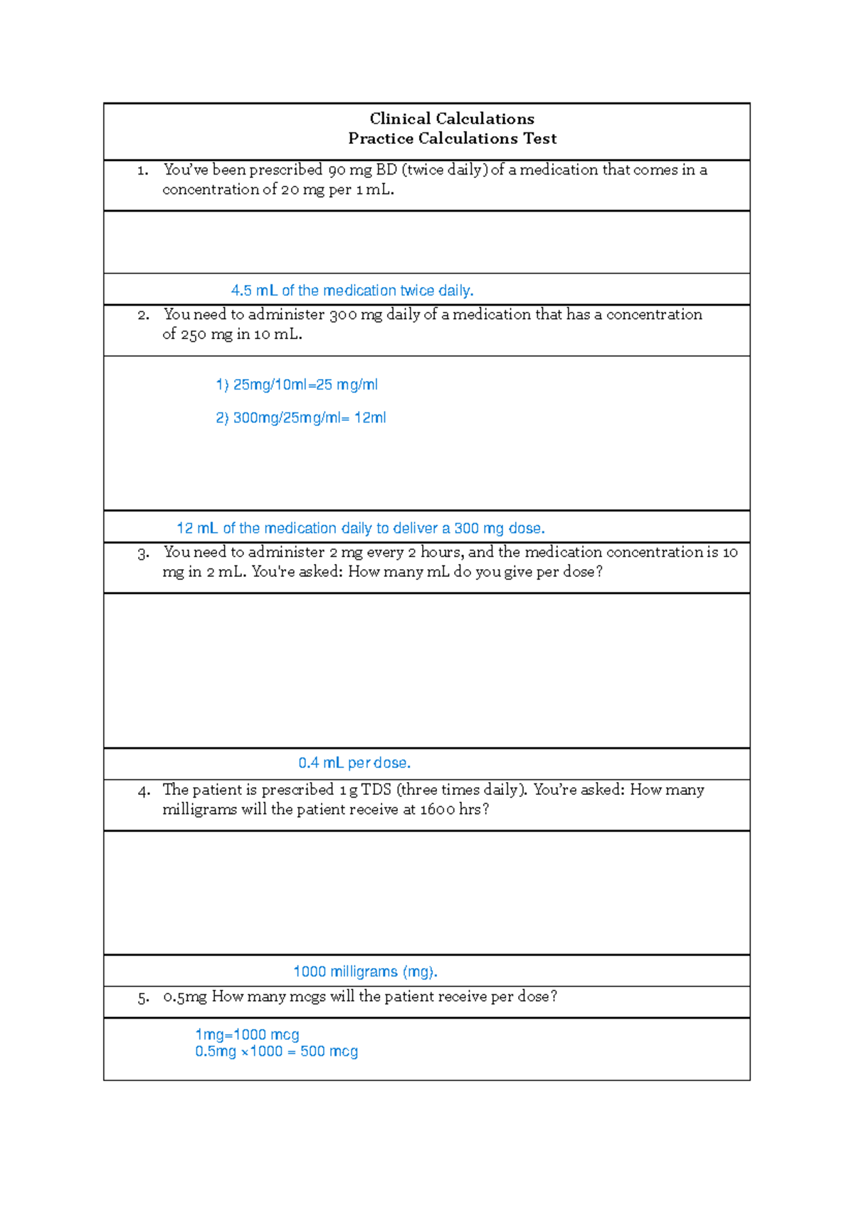 Clinical Calculations Practice Test 1: Drug Dosage & Administration ...