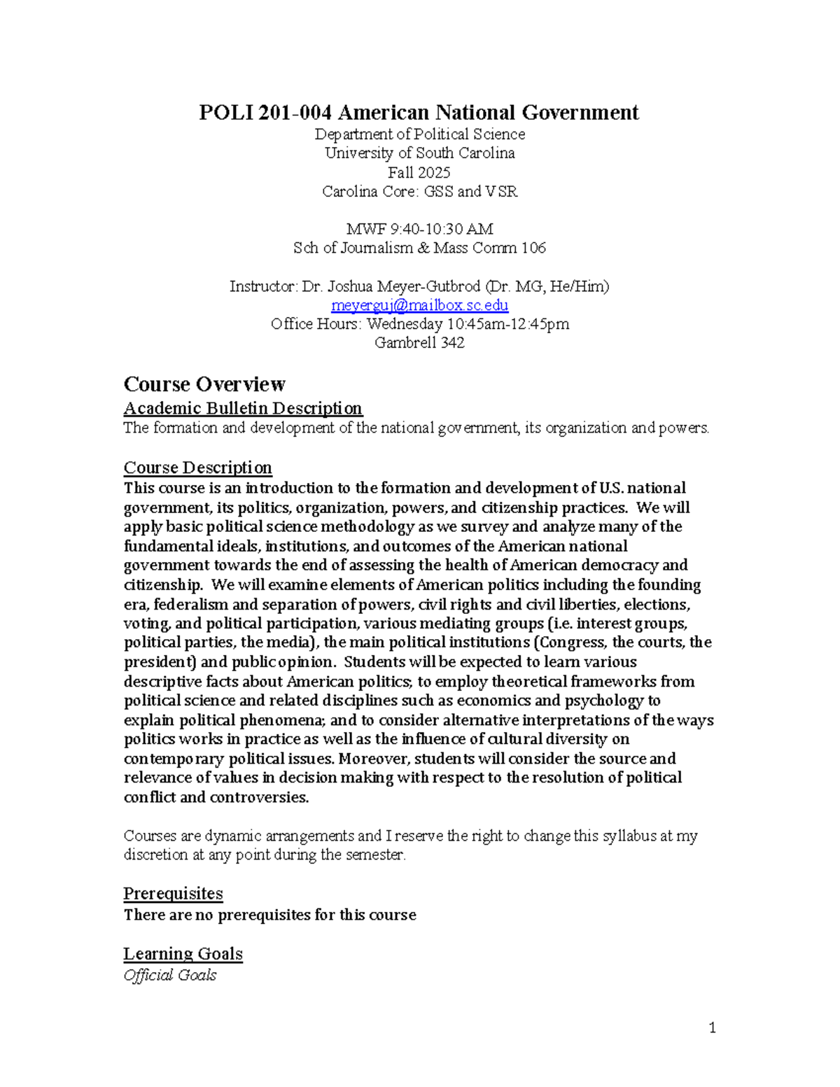 POLI 201-004 American National Government Syllabus Overview Fall 2025 ...