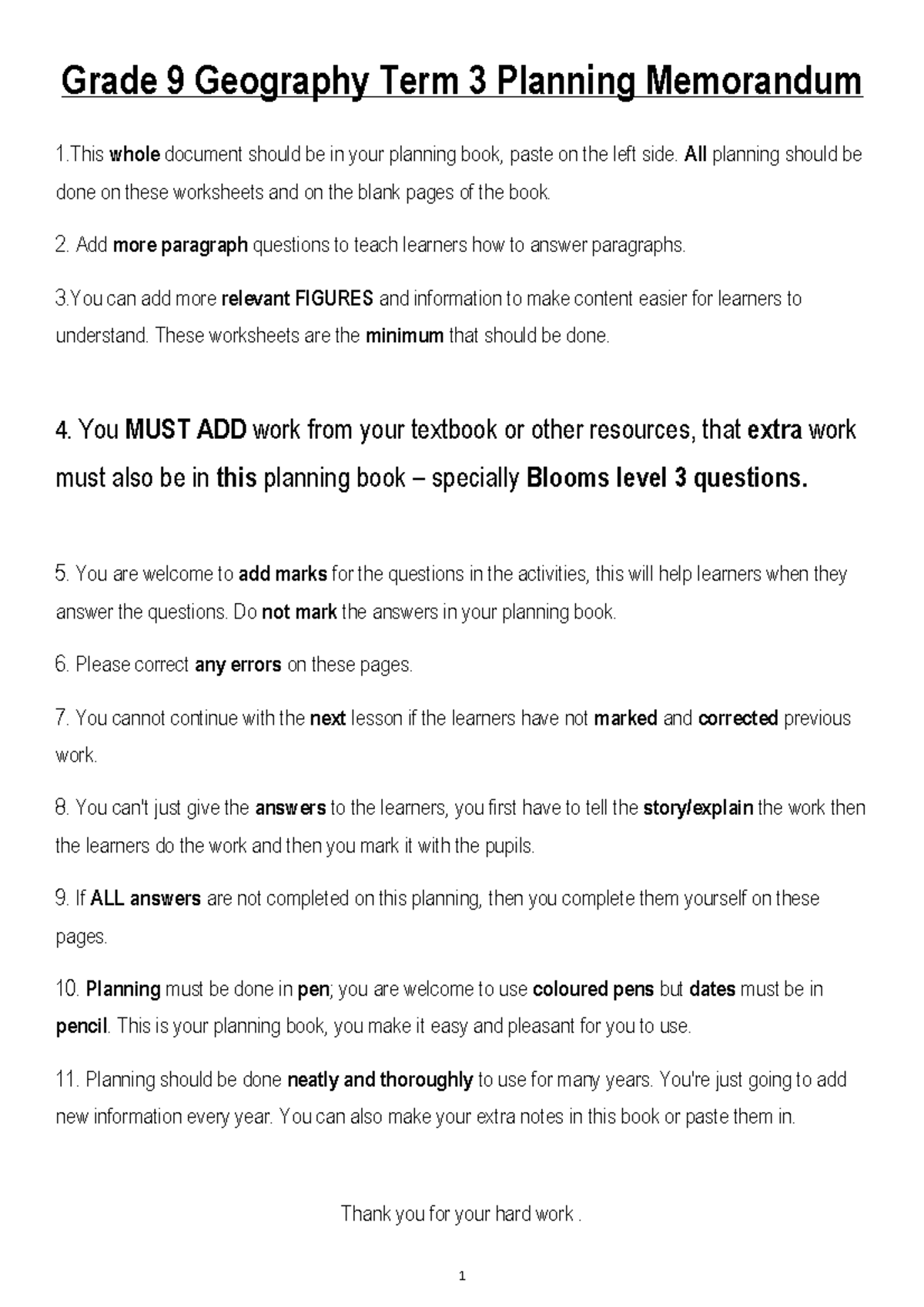 2025 Gr. 9 Geography Term 3 Planning Memorandum - Studocu