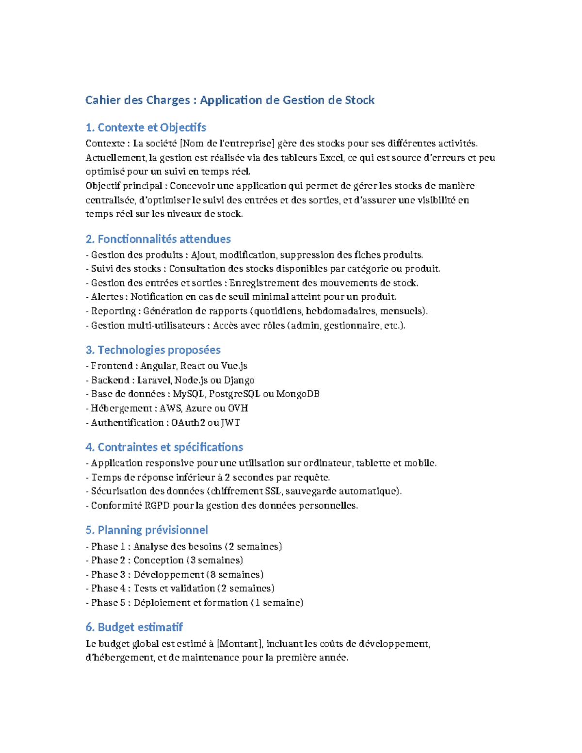 Cahier des Charges pour Application de Gestion de Stock Optimisée - Studocu