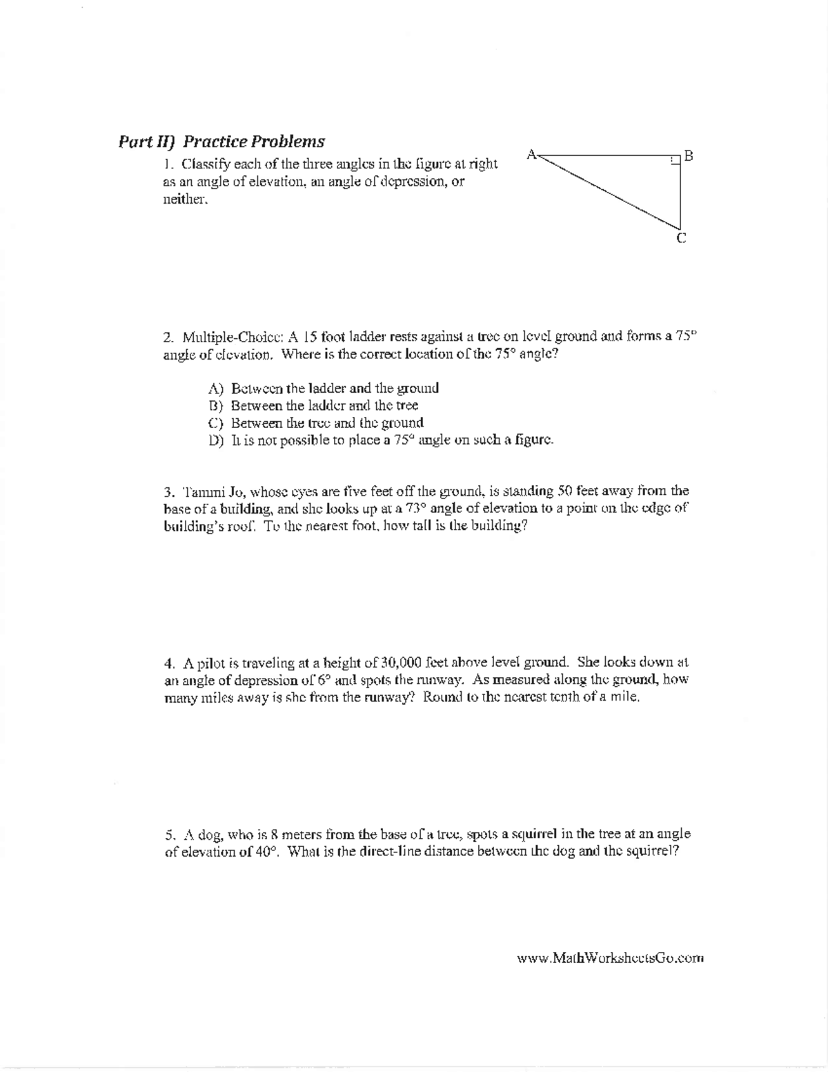 Angle of Elevation and Depression Worksheet (Math 101) - Studocu