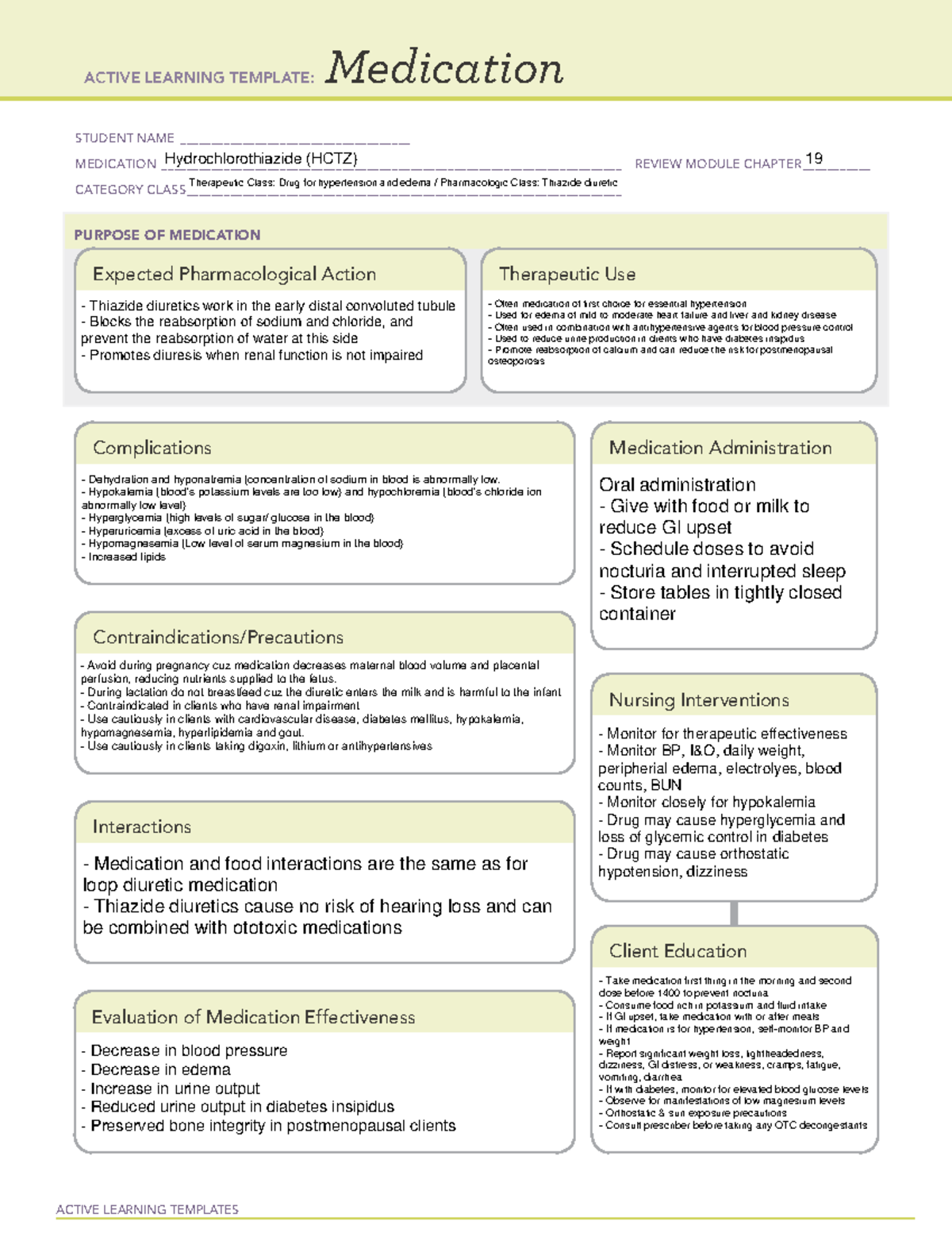 Active Learning Template: Hydrochlorothiazide (HCTZ) Medication Notes ...