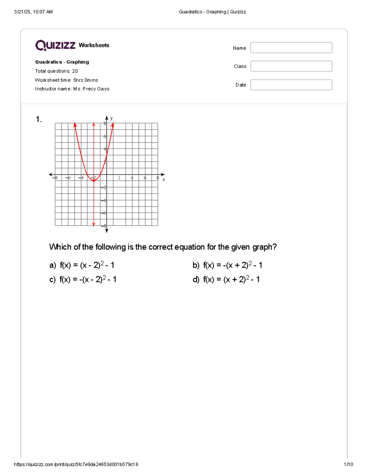 Quadratics - Graphing Quizizz - Worksheets Quadratics - Graphing Total ...
