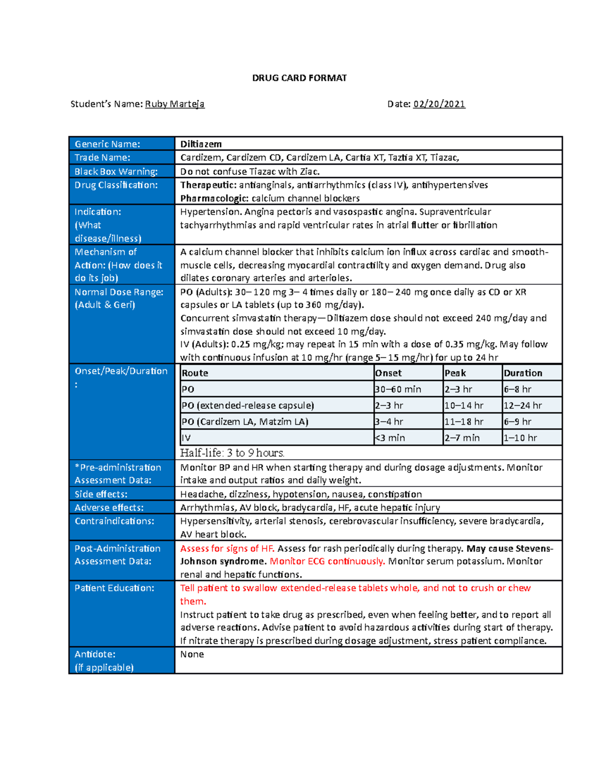Drug Card - Cardizem (Diltiazem) Overview & Admin Guidelines - Studocu