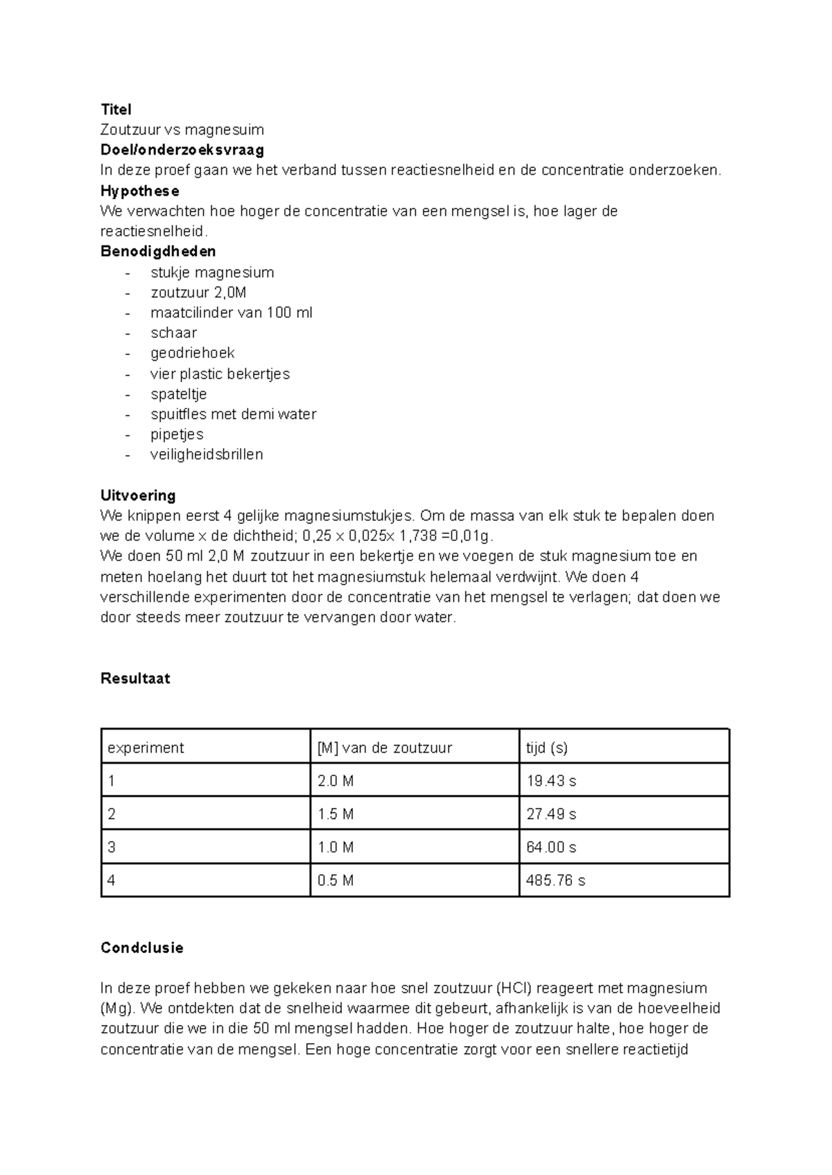 Scheikunde PO - Reactiesnelheid en Concentratie van Zoutzuur - Studeersnel