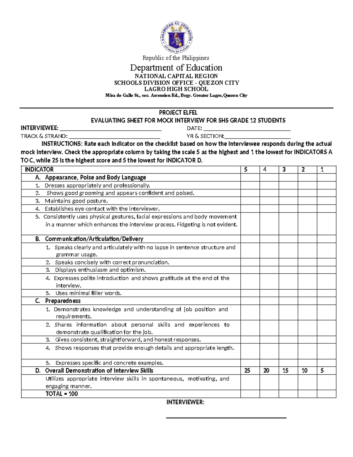 Evaluation-Sheet-for-Mock-Interview - Republic of the Philippines ...