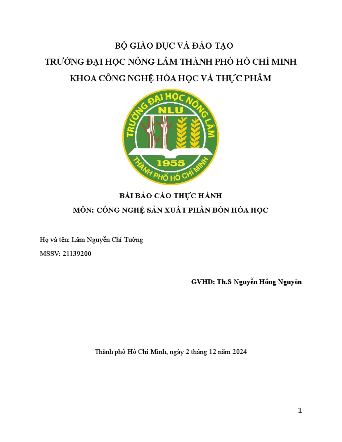 BÁO CÁO THỰC HÀNH MÔN CÔNG NGHỆ SẢN XUẤT PHÂN BÓN HÓA HỌC - 21139200 ...