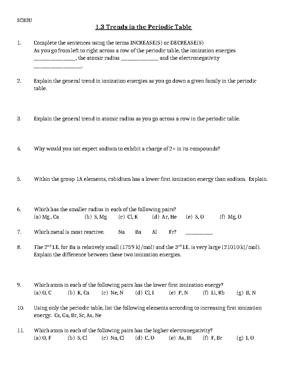 SCH3U 1.3 Worksheet: Trends in the Periodic Table - Studocu
