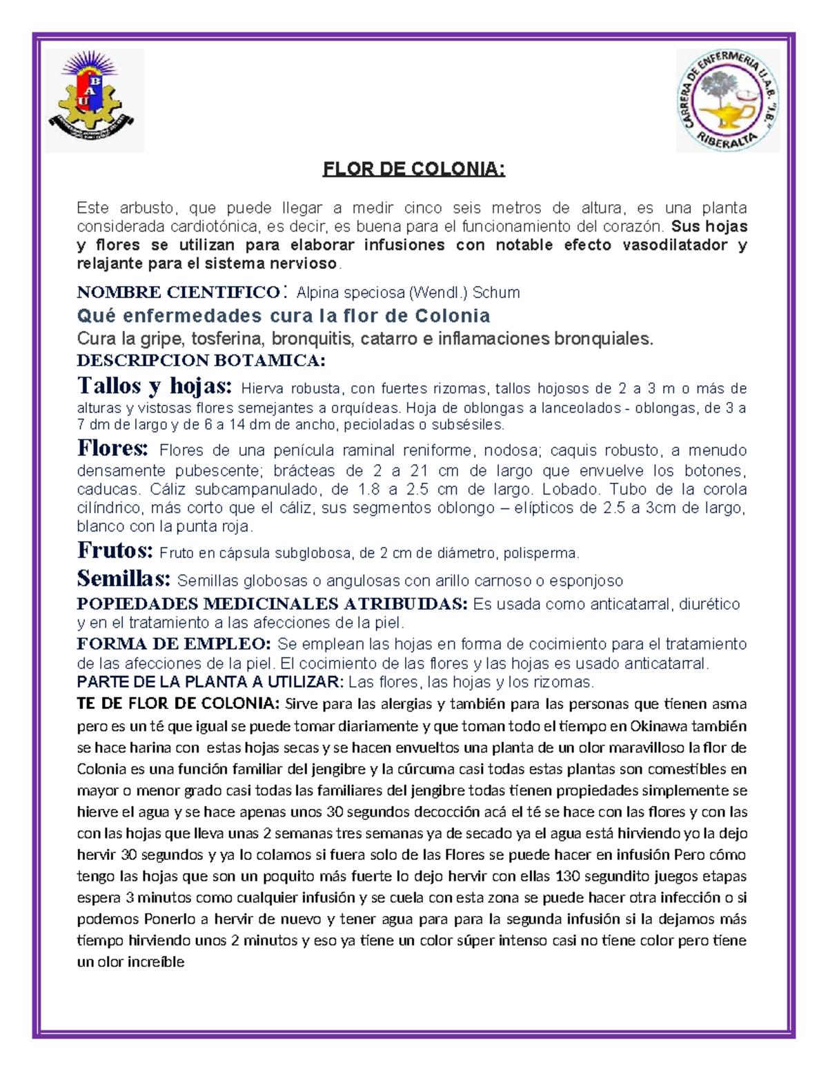 FLOR DE COLONIA: Propiedades y Usos Medicinales (MED 101) - Studocu